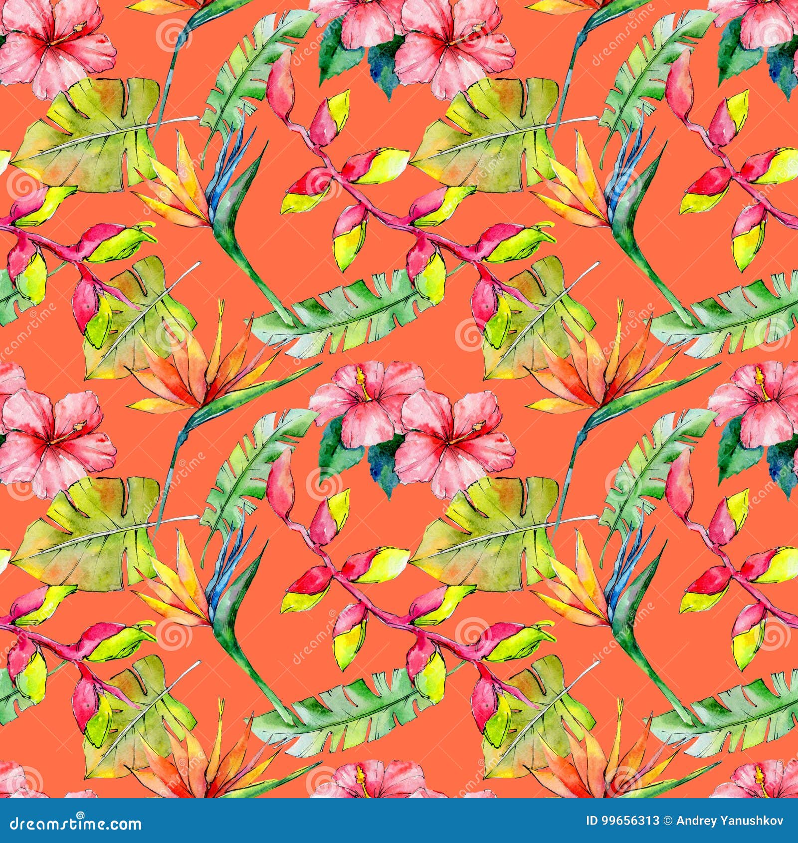 Tropical Hawaii Leaves Pattern in a Watercolor Style. Stock ...