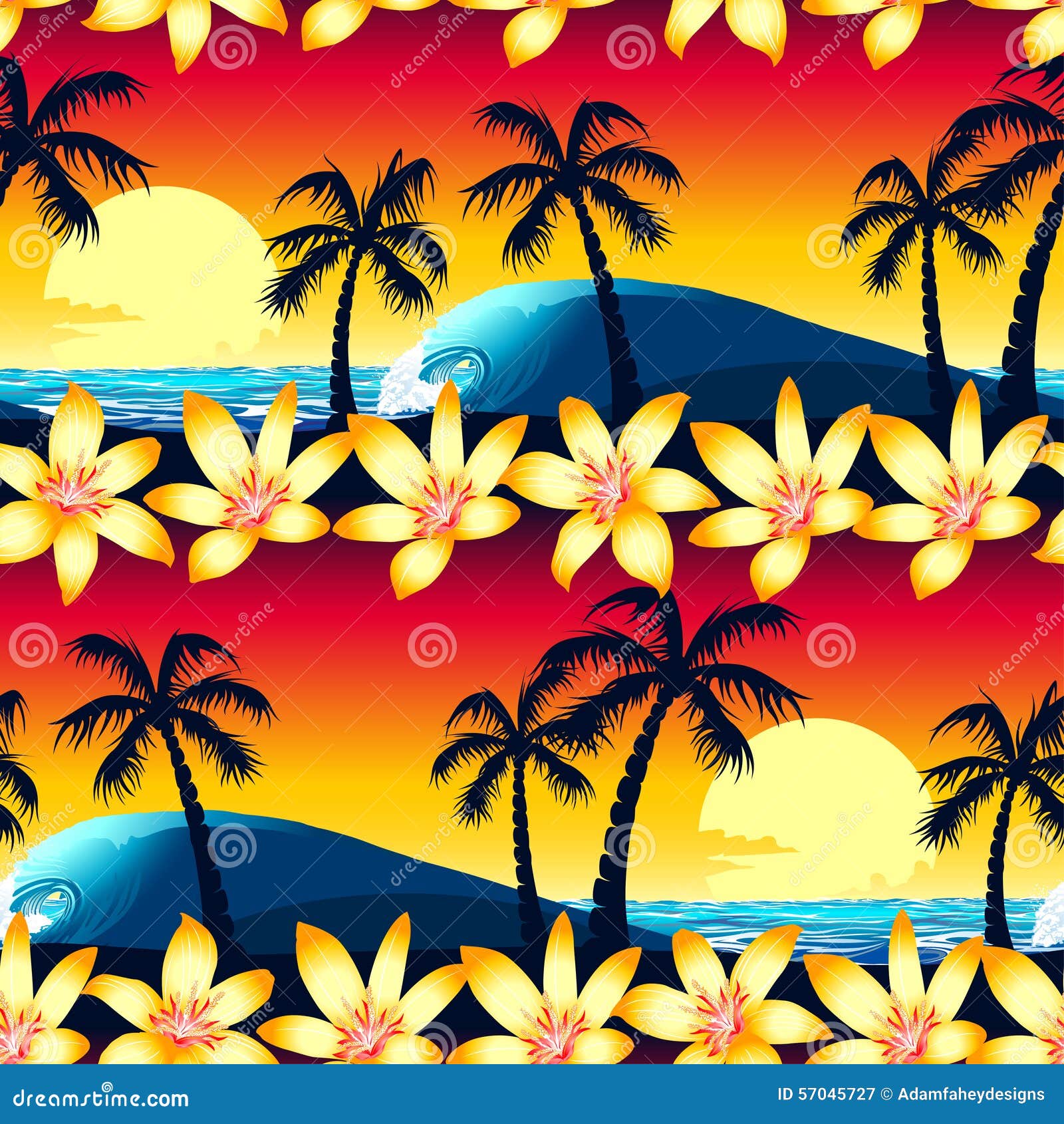 Tropical Hibiscus and Palm Tree at Sunset Seamless Pattern Stock Vector ...