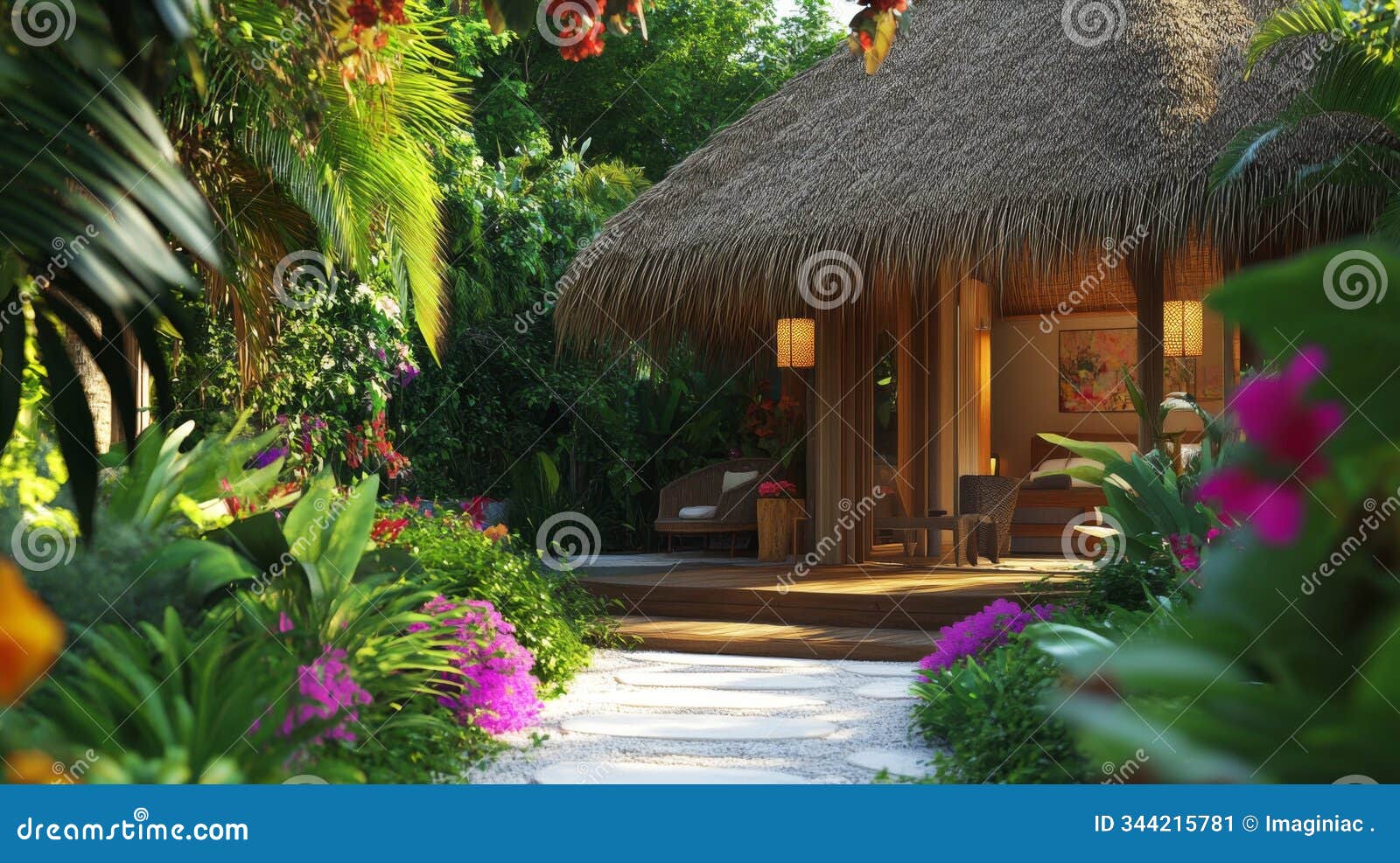 Tropical Hut with Stone Pathway and Lush Greenery Stock Illustration ...