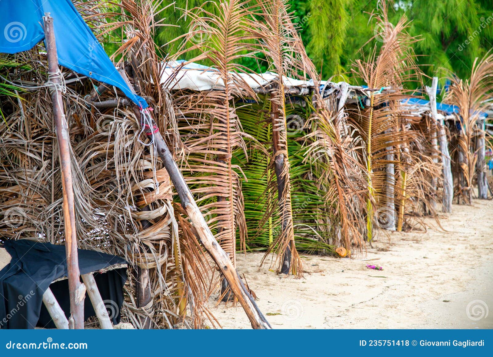 Tropical Huts Made of Palm Leaves Along the Beach Stock Photo - Image ...