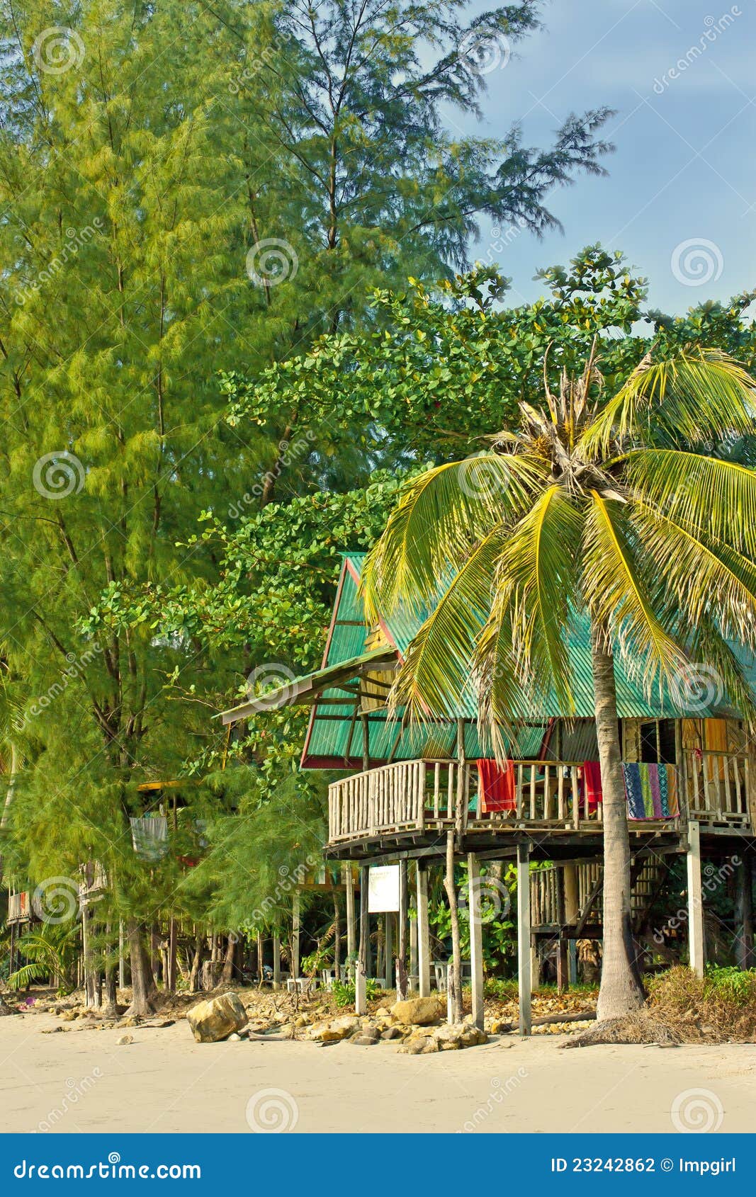 Tropical Huts On An Island With Conical Thatch Roofs, Weaved Out Of ...