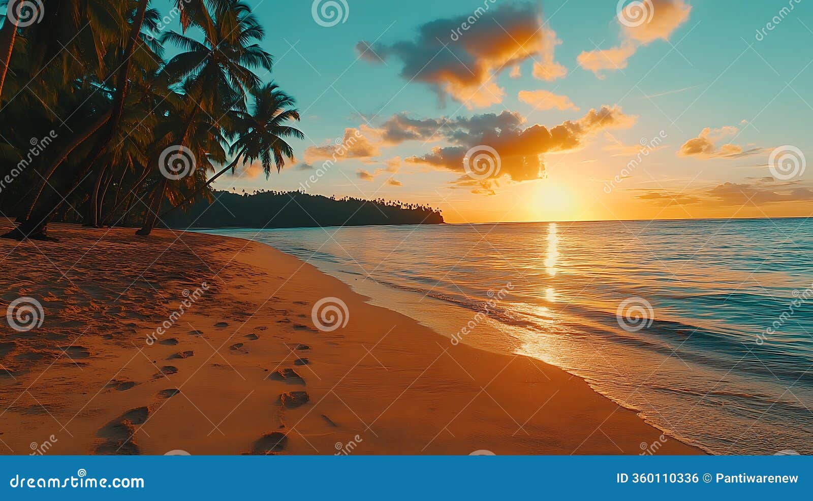 Tropical Island Beach Sunset Panorama Stock Illustration - Illustration ...