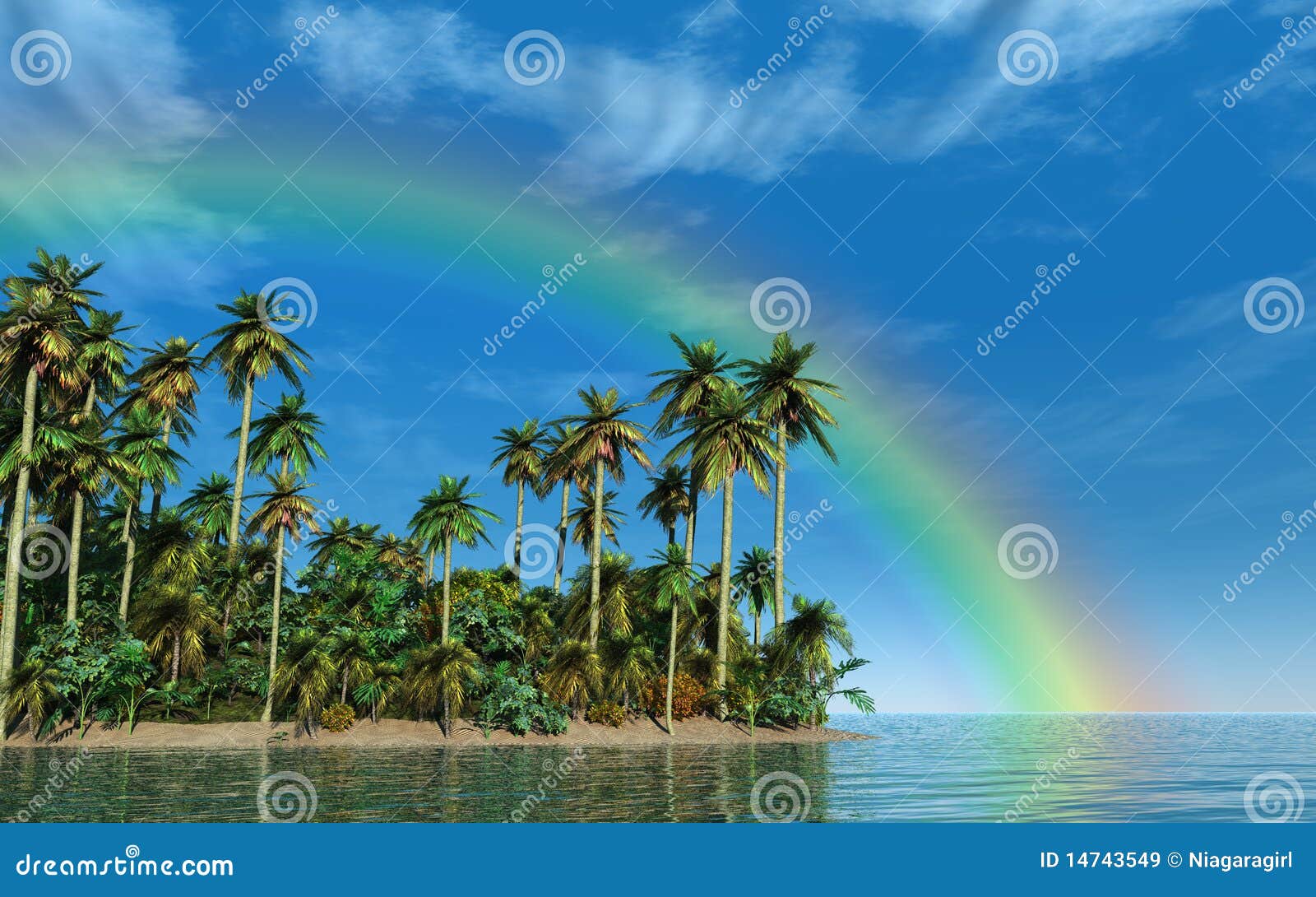 Tropical Island with Big Rainbow Stock Illustration - Illustration of ...
