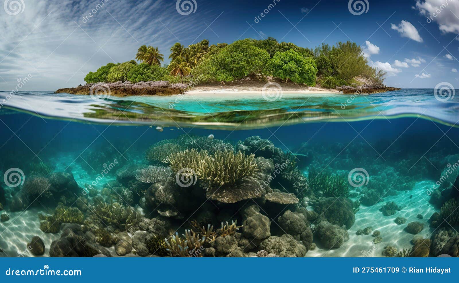 Tropical Island and Coral Reef - Split View with Waterline, Generative ...