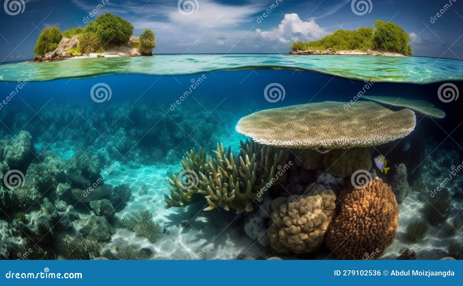 Tropical Island and Coral Reef Split View with Waterline Stock ...