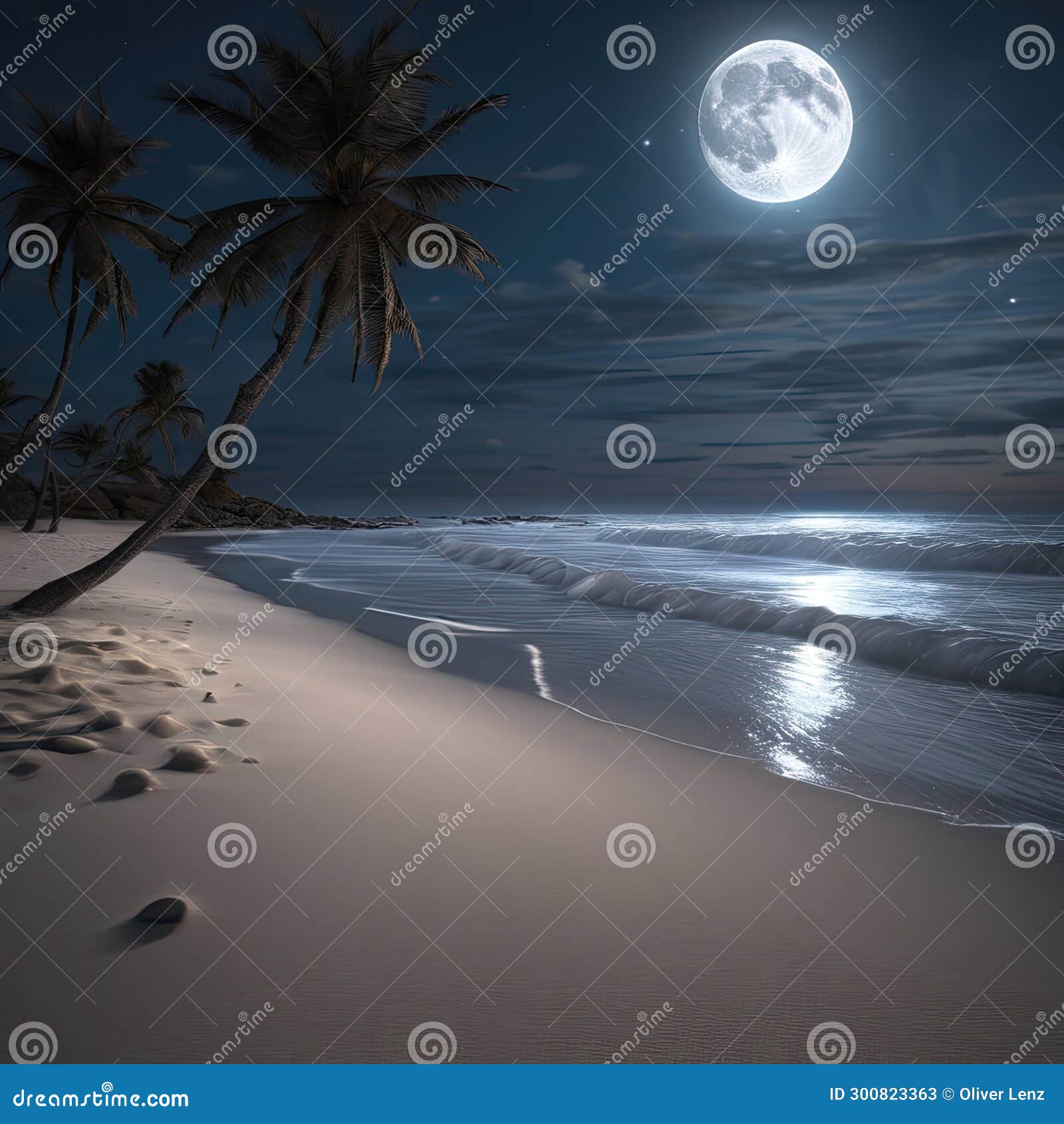 A Tropical Island by Night with a Full Moon, AI Generated Stock ...