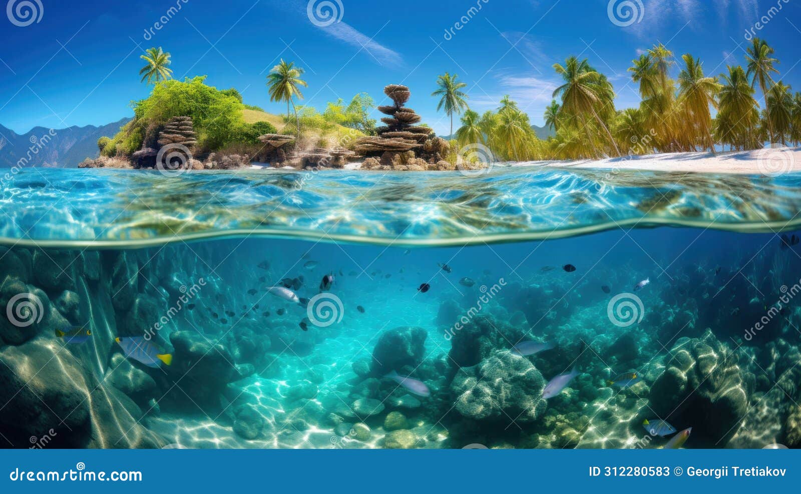 Tropical Island and Underwater Coral Reef Split View Stock Illustration ...