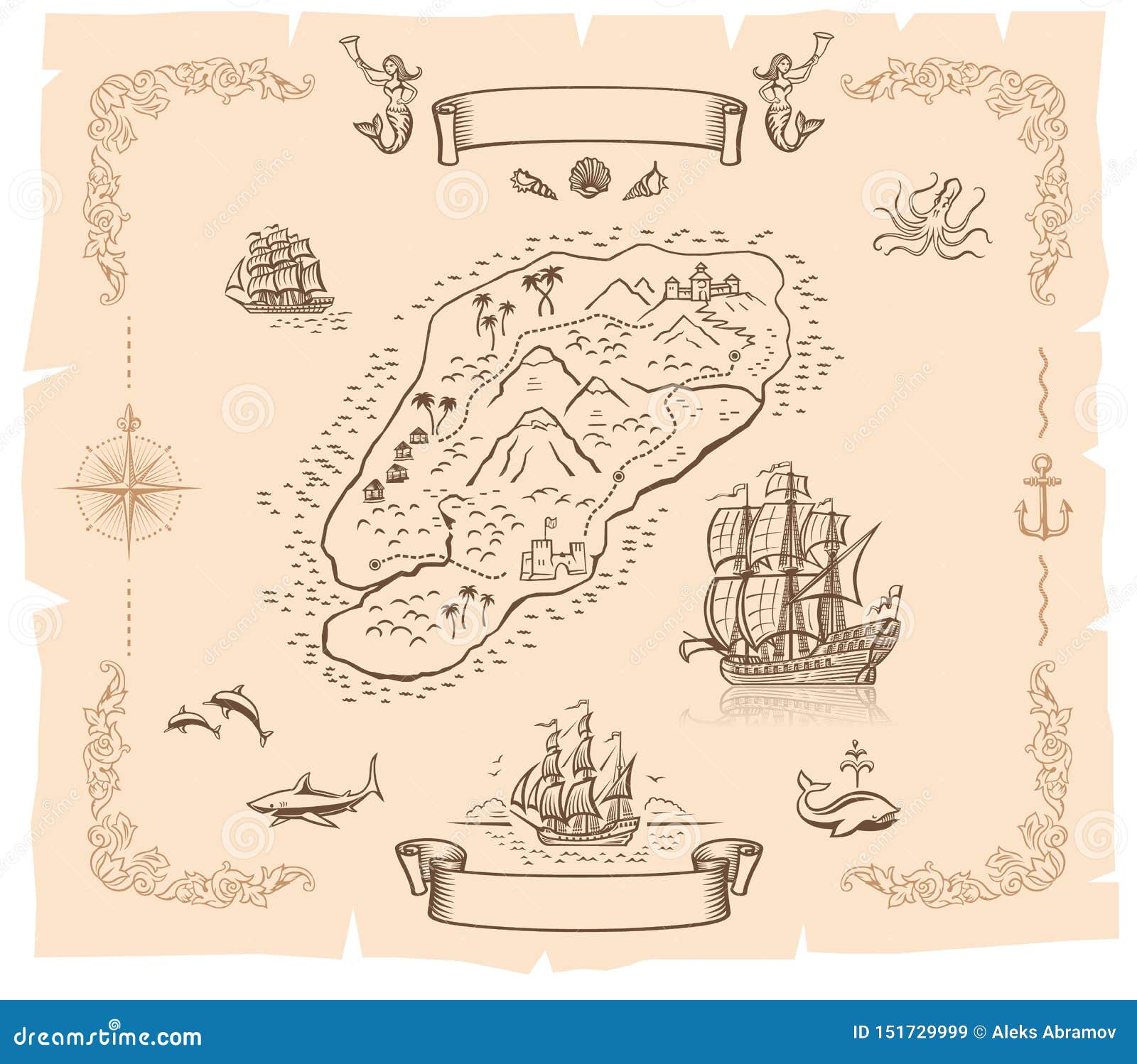 Tropical Isle Map With Marine Symbols Stock Vector Illustration Of Whale Rose 151729999