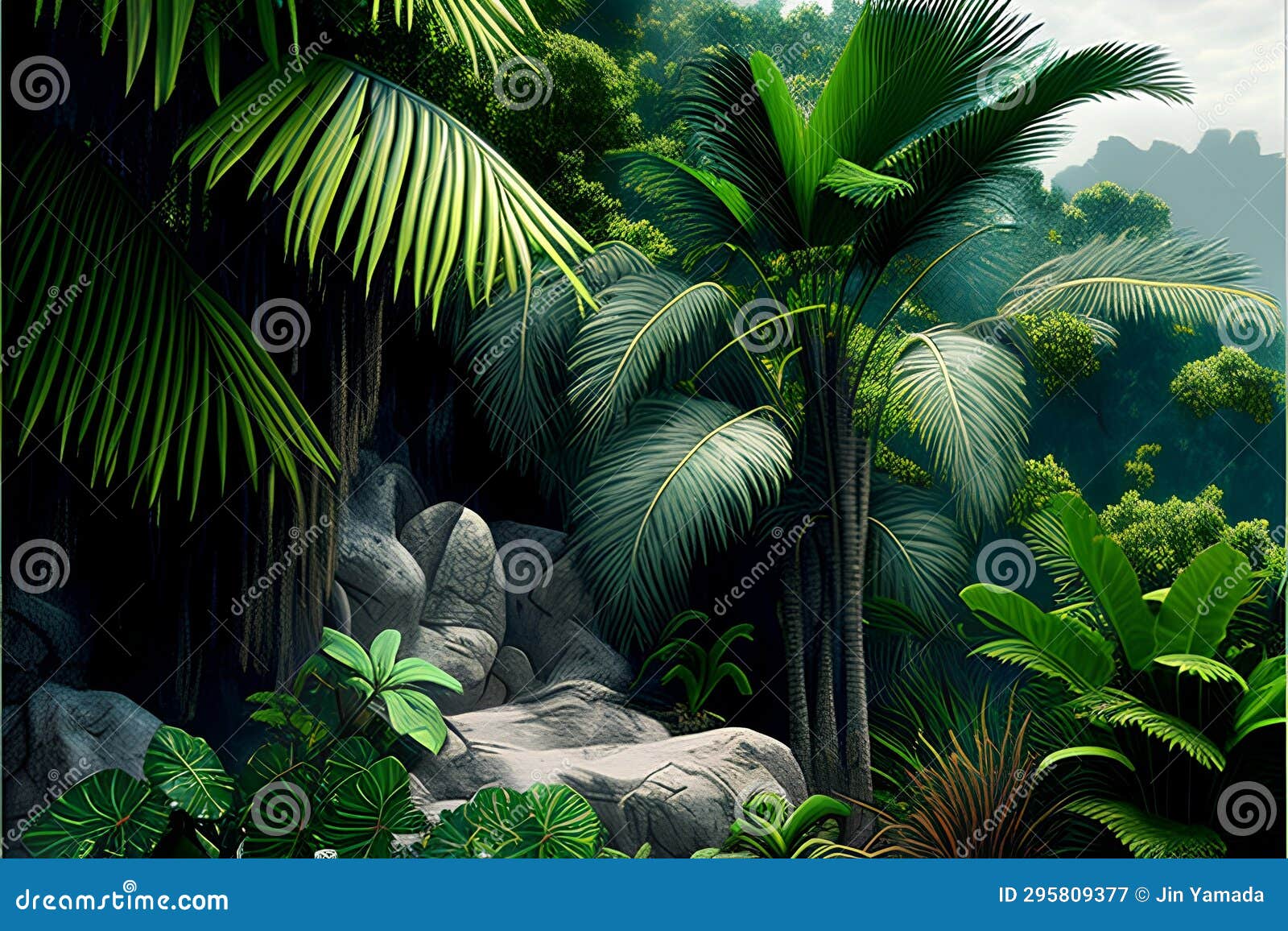 Tropical Jungle Background with Palm Trees and Rocks. 3d Render Stock ...