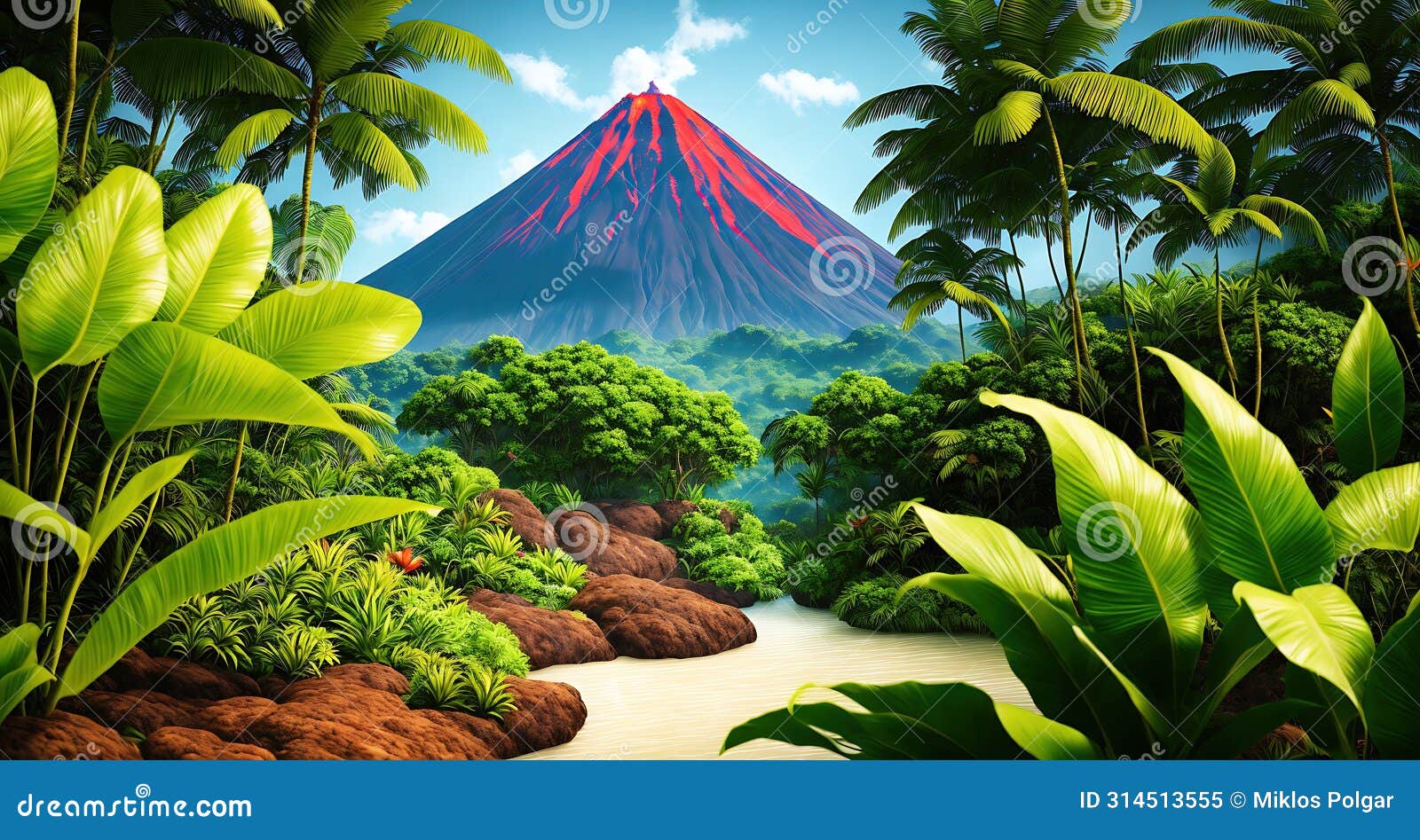 Tropical Jungle Landscape with Volcano in the Background Stock Image ...