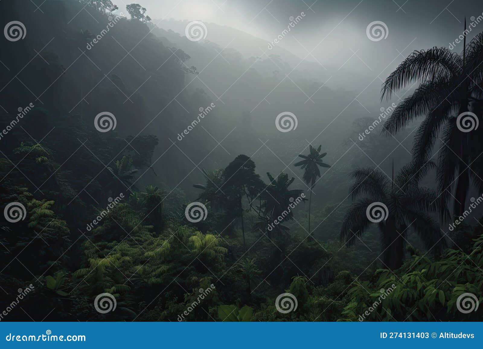Tropical Jungle with Thick Mist, Surrounded by Thunderstorm Stock ...