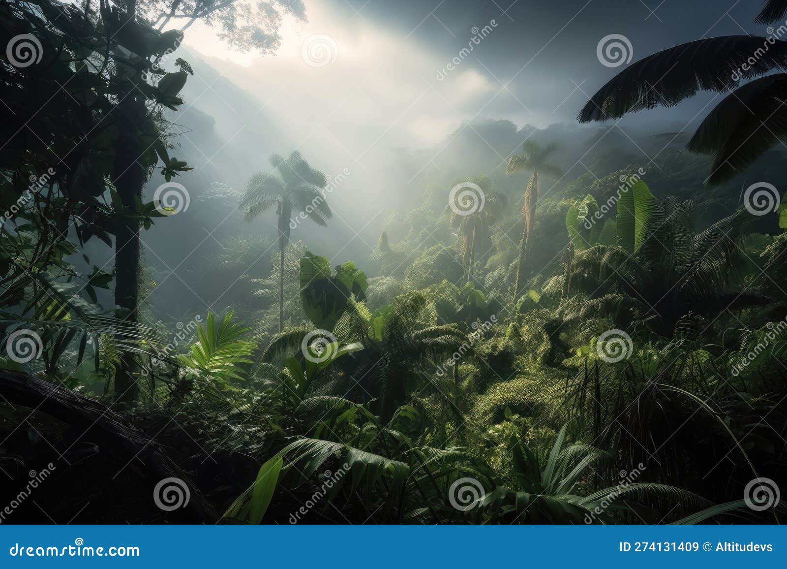 Tropical Jungle with Thick Mist, Surrounded by Thunderstorm Stock ...
