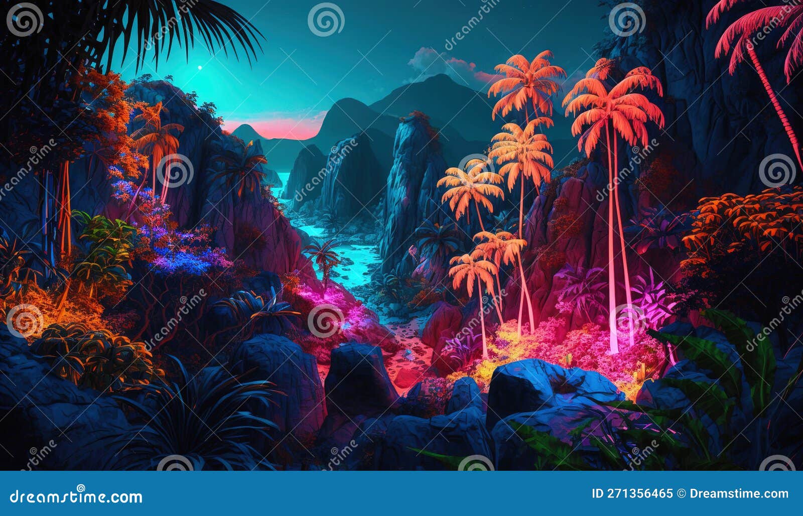 Tropical Jungle in Vibrant Gradient Neon Colors. Synthwave Rain Forest ...
