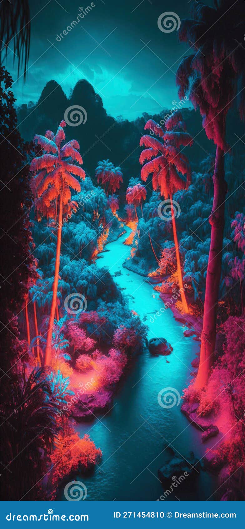 Tropical Jungle in Vibrant Gradient Neon Colors. Synthwave Rain Forest ...