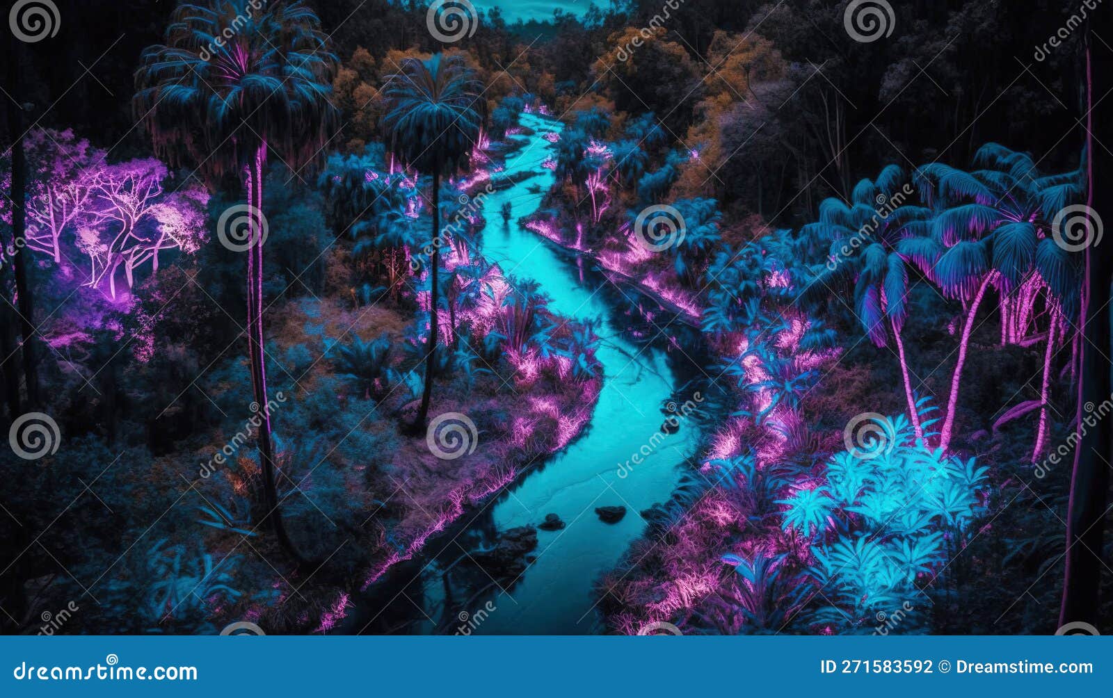 Tropical Jungle in Vibrant Gradient Neon Colors. Synthwave Rain Forest ...