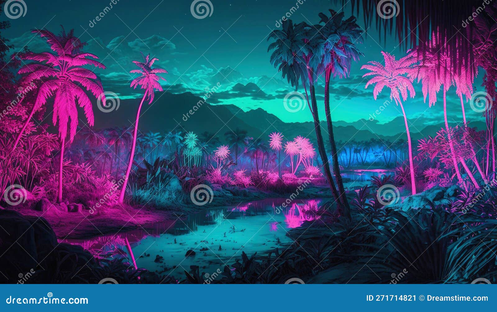 Tropical Jungle in Vibrant Gradient Neon Colors. Synthwave Rain Forest ...