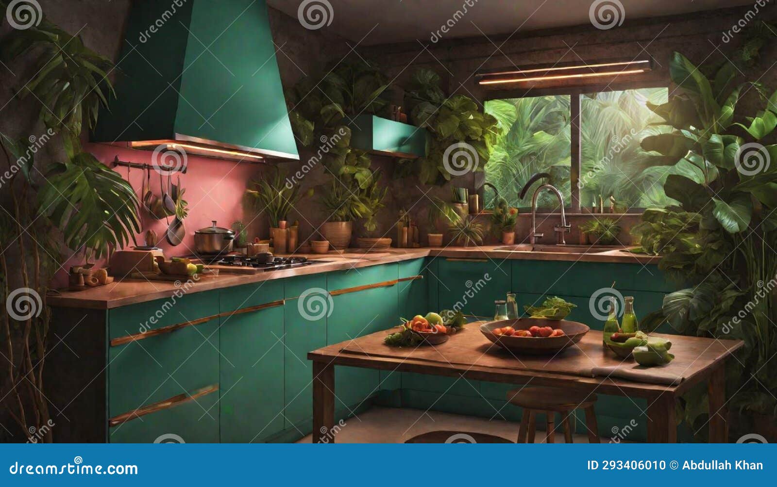 A Tropical Kitchen with Neon Lights Simulating a Rainforest Stock ...