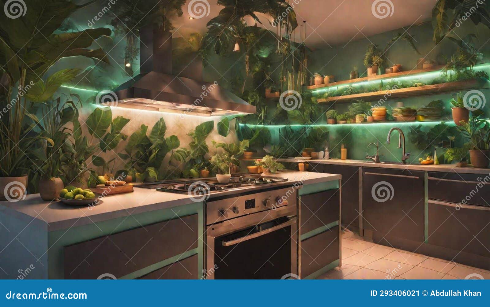 A Tropical Kitchen with Neon Lights Simulating a Rainforest Stock ...