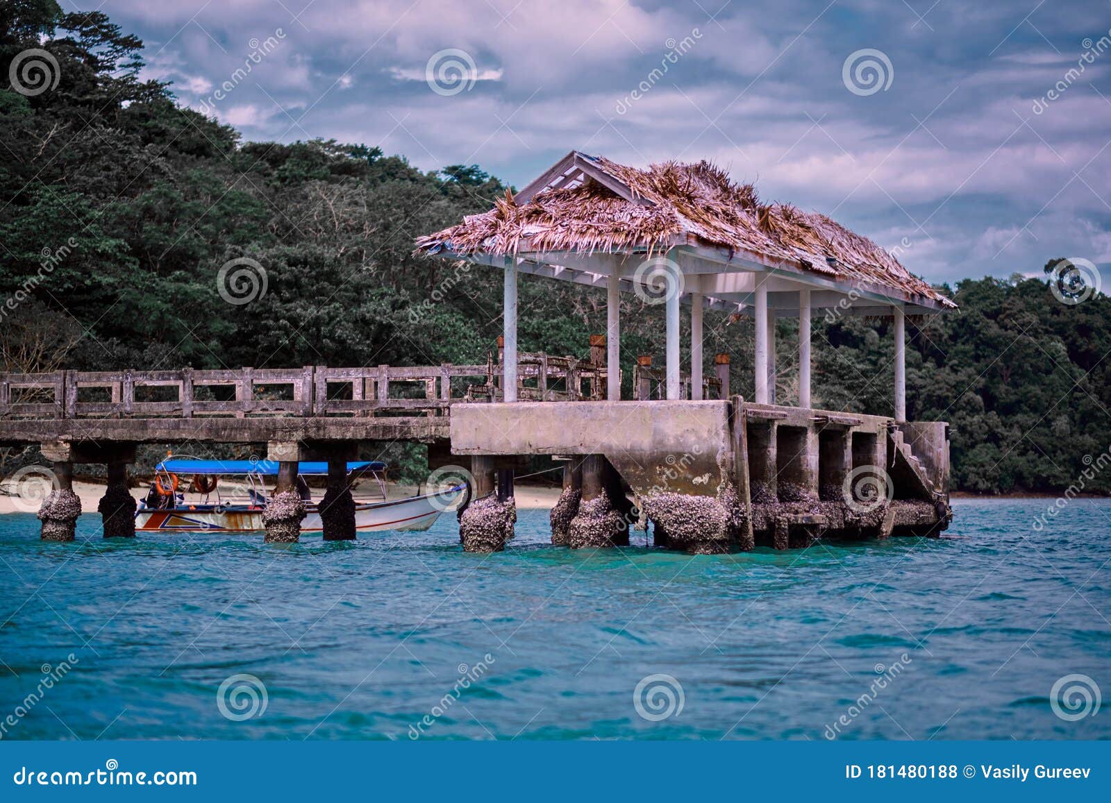 Tropical Lagoon Pier with a Lonely Boat. Stock Photo - Image of ...