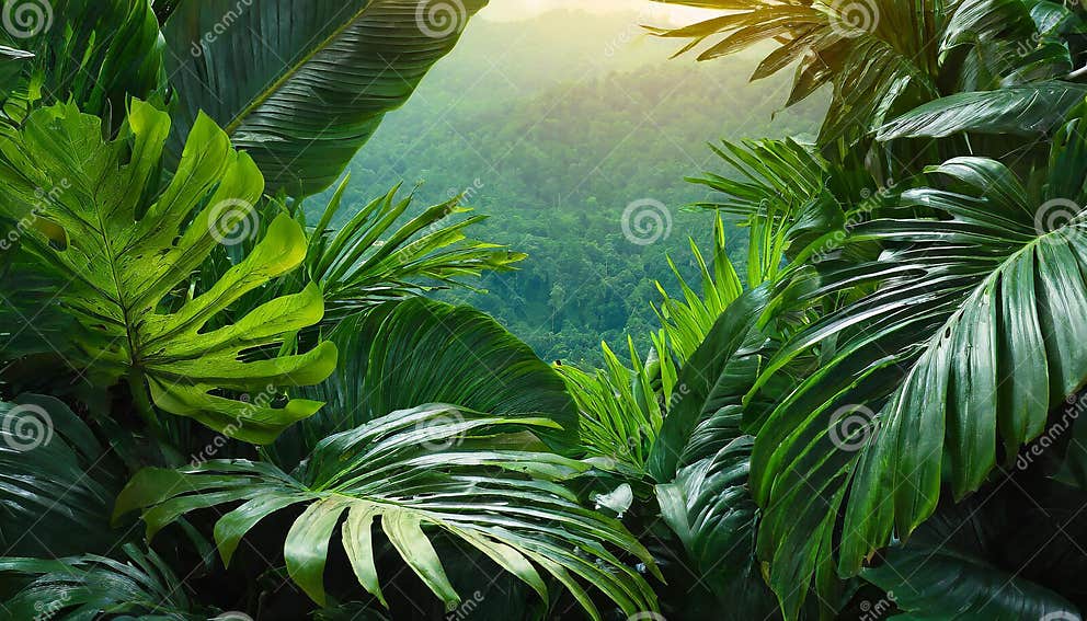 Tropical Leaves Around As Frame with View on Tropical Forest Stock ...