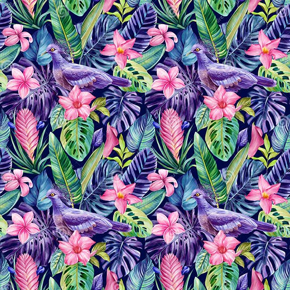 Tropical Leaves Birds Watercolor Illustration Jungle Seamless Pattern