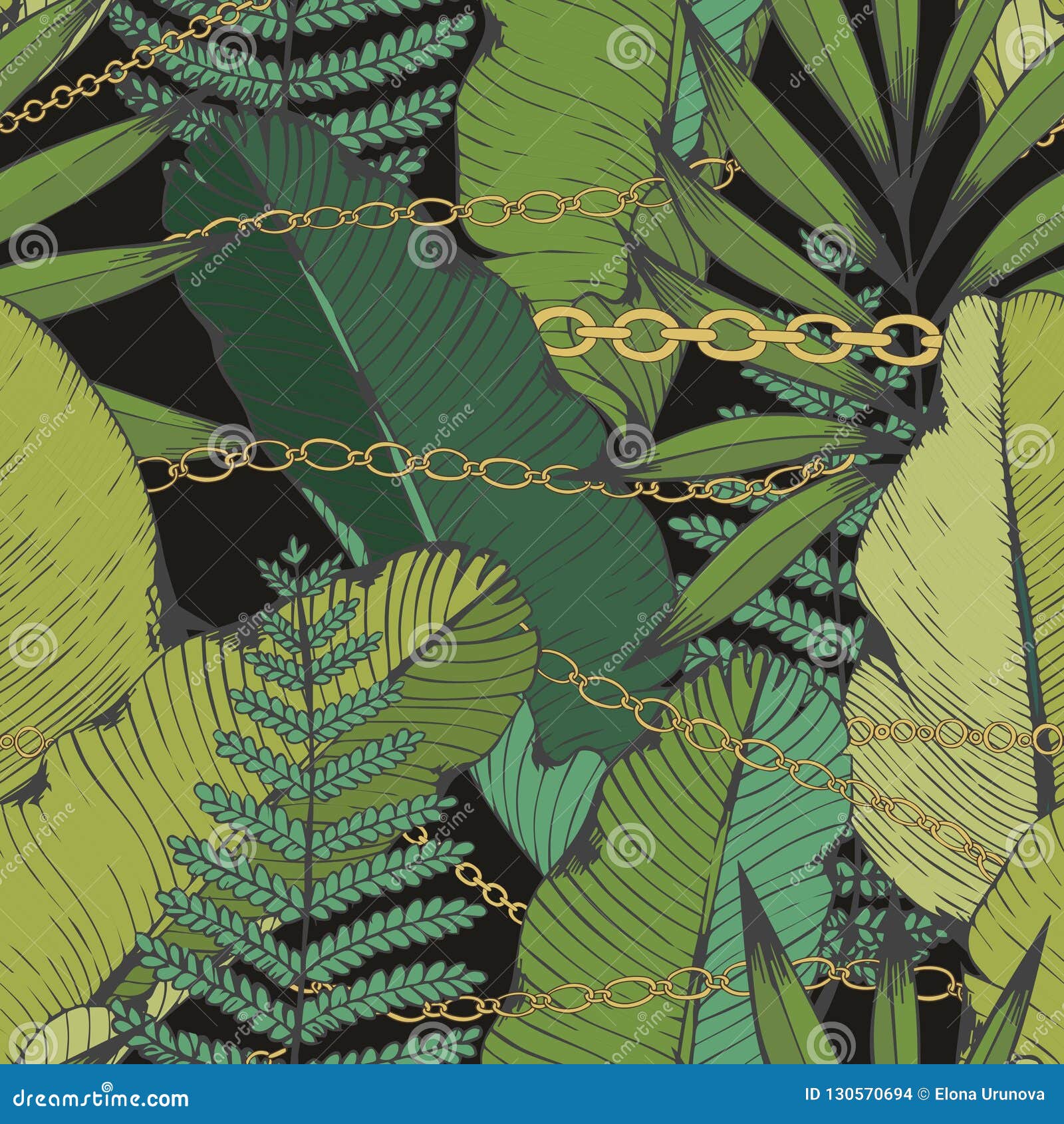 Tropical Leaves and Chains. Vector Seamless Pattern. Hand Drawing Stock ...