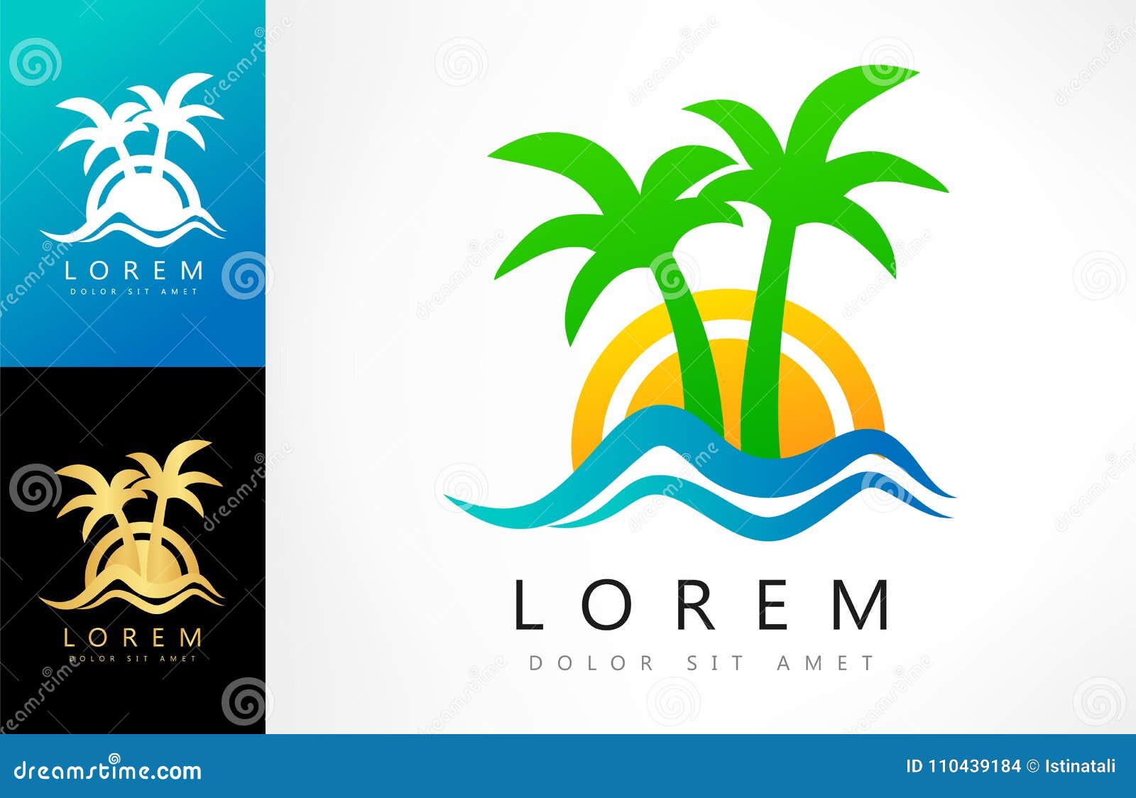 Tropical Logo Vector. Palm Tree, Wave, Sun Stock Vector - Illustration ...