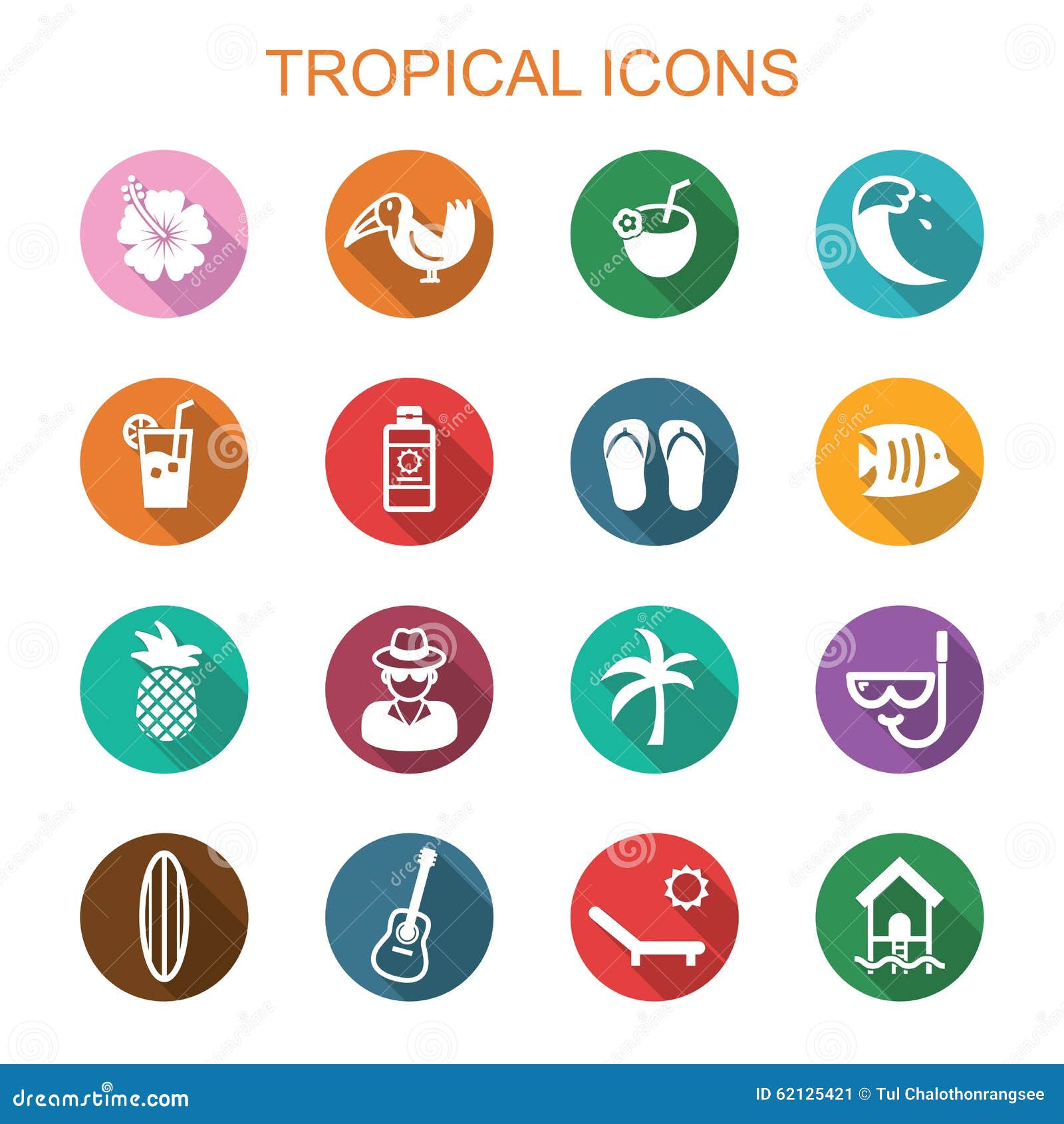 Tropical long shadow icons stock vector. Illustration of hibiscus ...