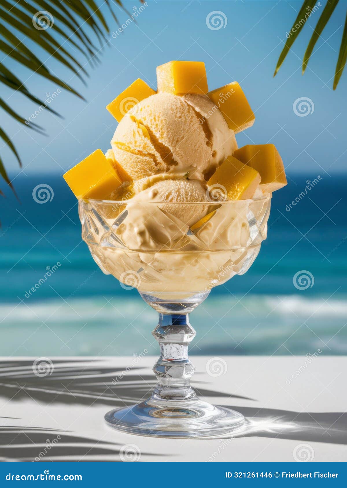 Tropical Mango Ice Cream Sundae on Beachside Resort Table with Ocean ...
