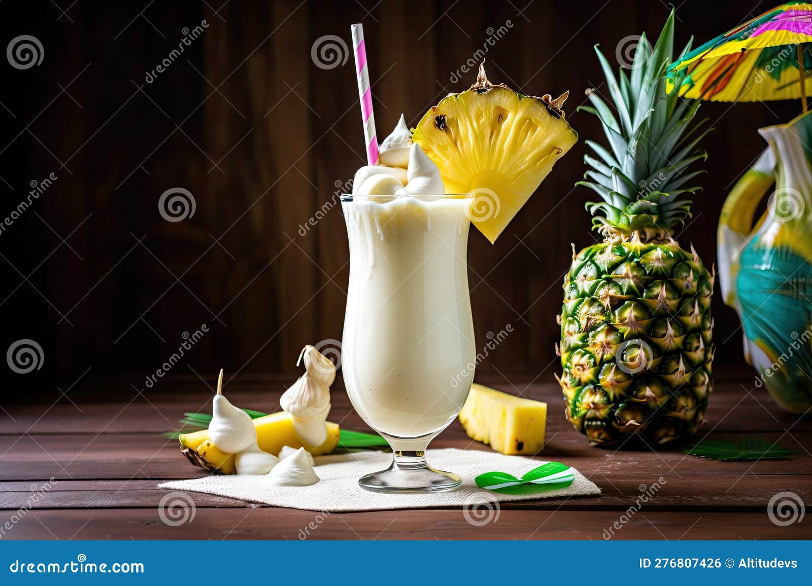 Tropical Milkshake with Umbrella and Pineapple Slice on the Side Stock Photo - Image of drink ...