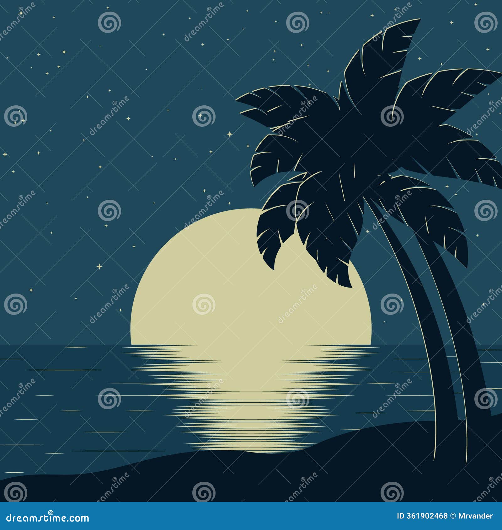 Tropical Night Landscape with Palm Trees and Moon Reflection Stock ...