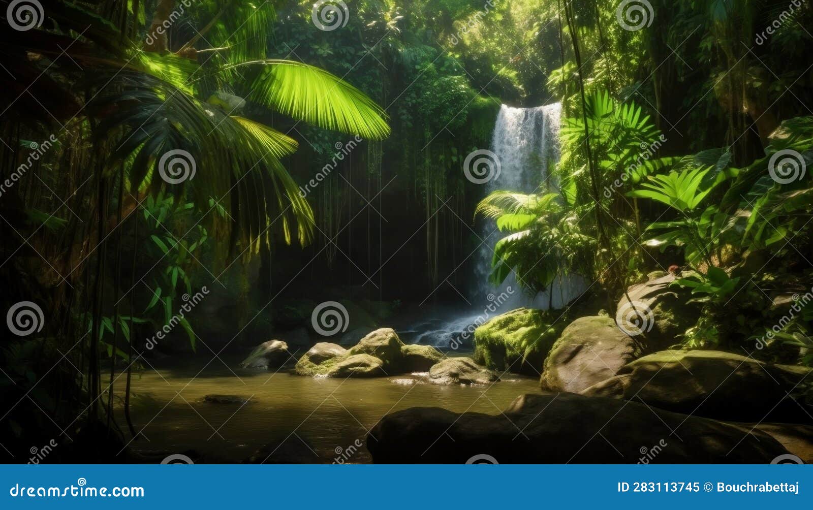 Tropical Oasis: Majestic Waterfall in Lush Jungle Setting Stock Image ...