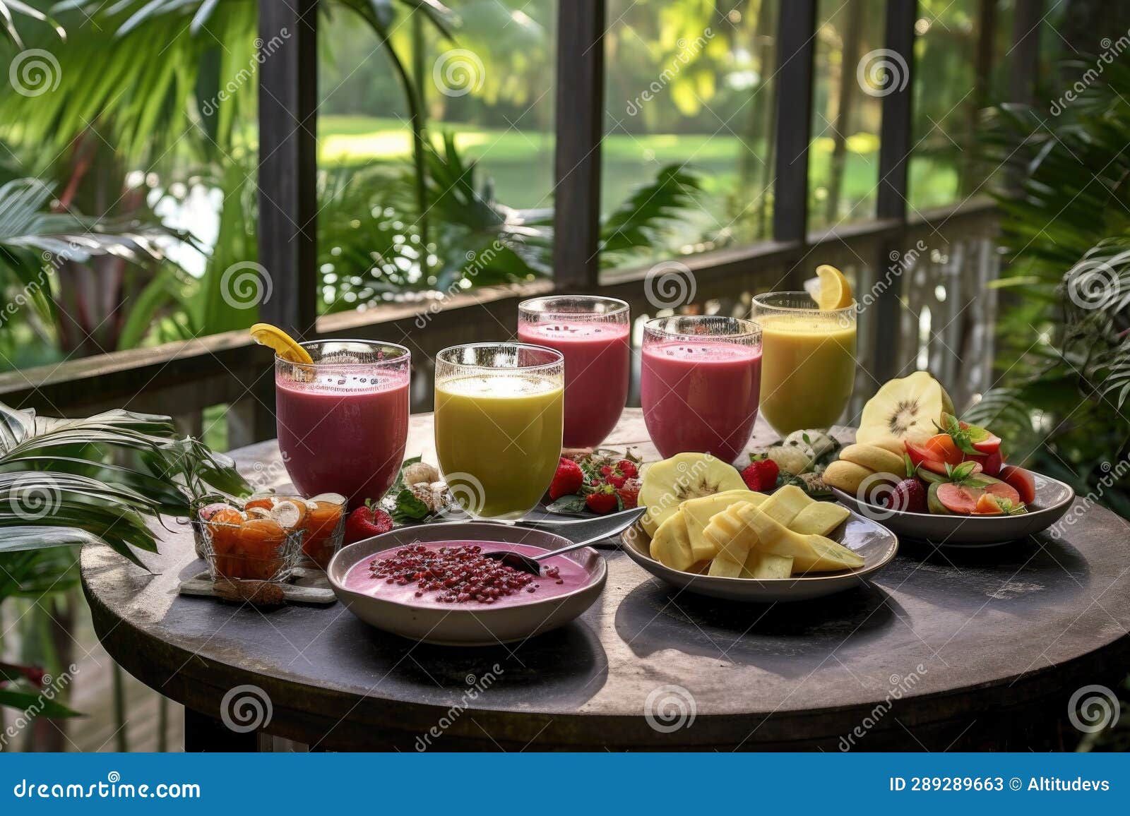 Tropical Outdoor Setting with Smoothie Bowls on Table Stock Image ...