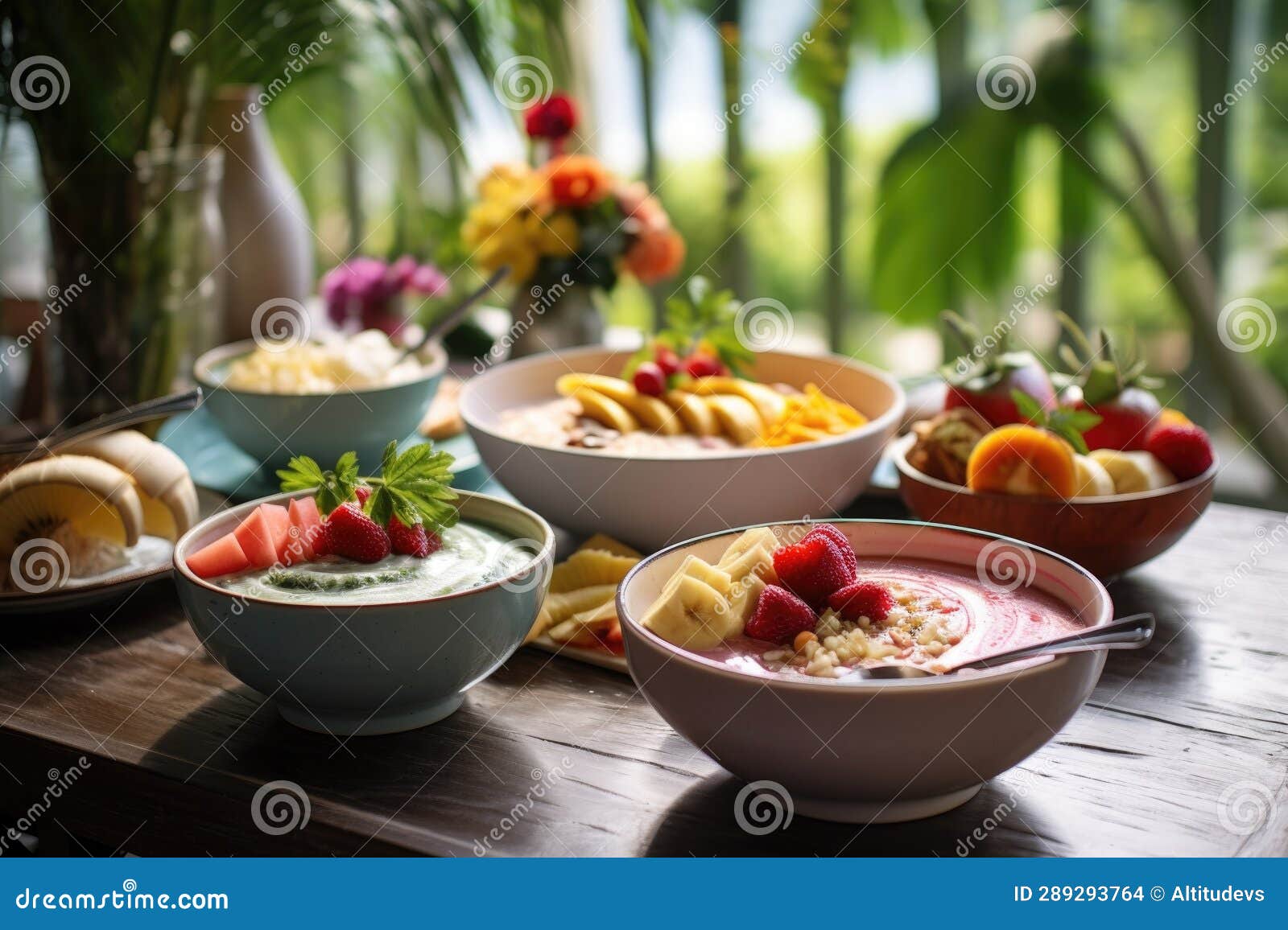 Tropical Outdoor Setting with Smoothie Bowls on Table Stock Photo ...