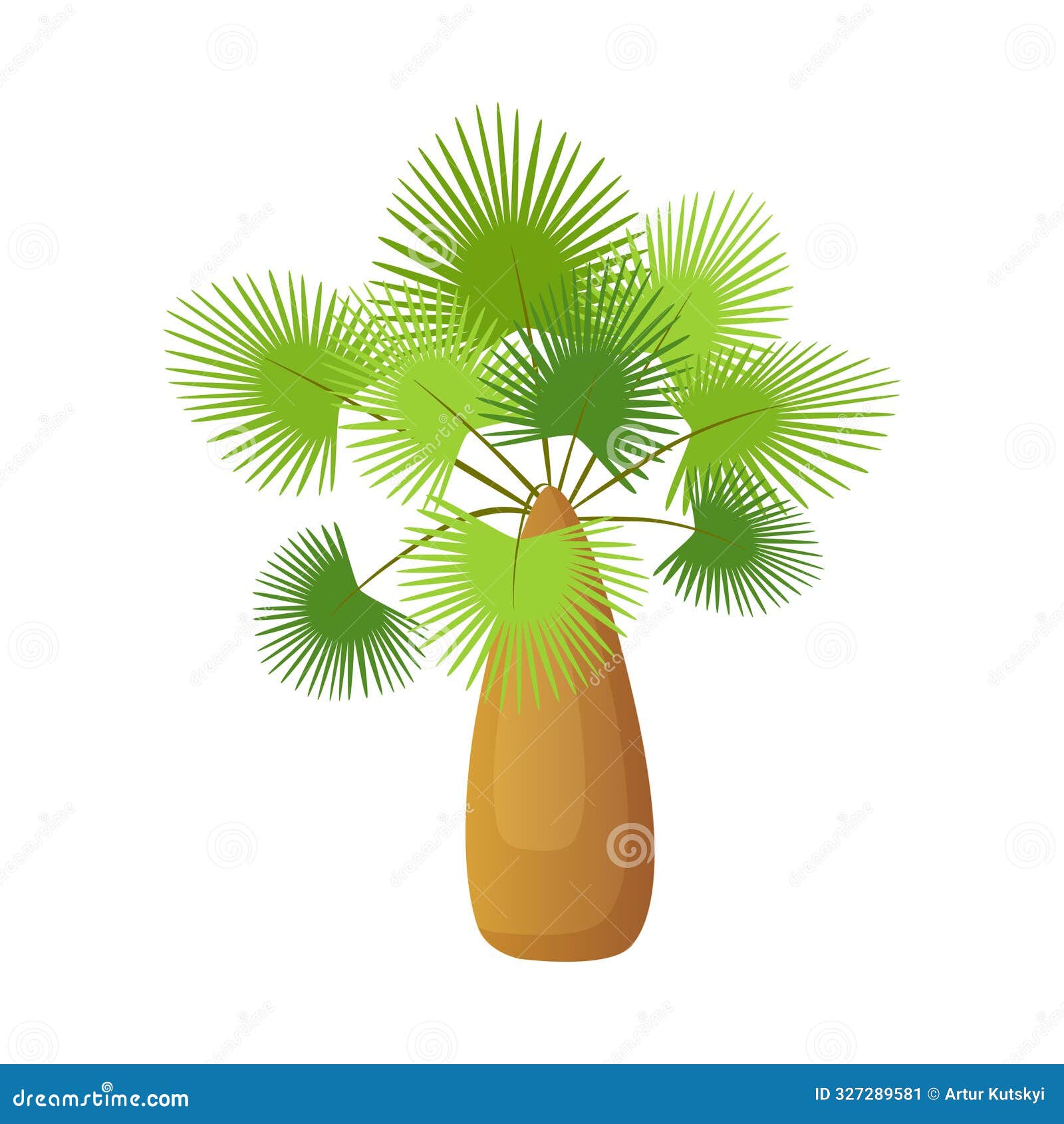Tropical Palm Tree with Thick Trunk of Barrel Shape and Green Leaves on ...