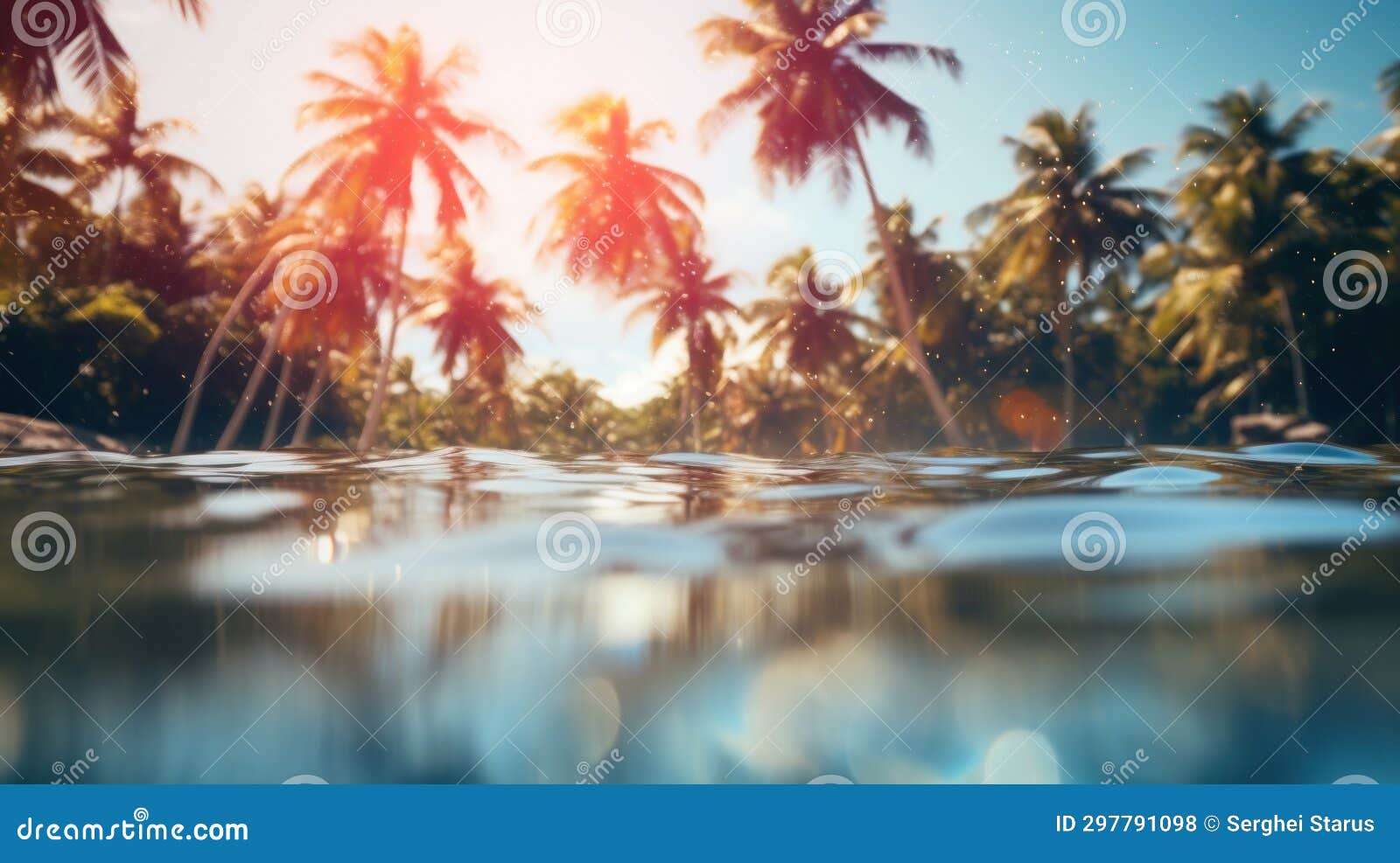 Tropical Palm Trees in the Ocean with Water and Sun, AI Stock Photo ...