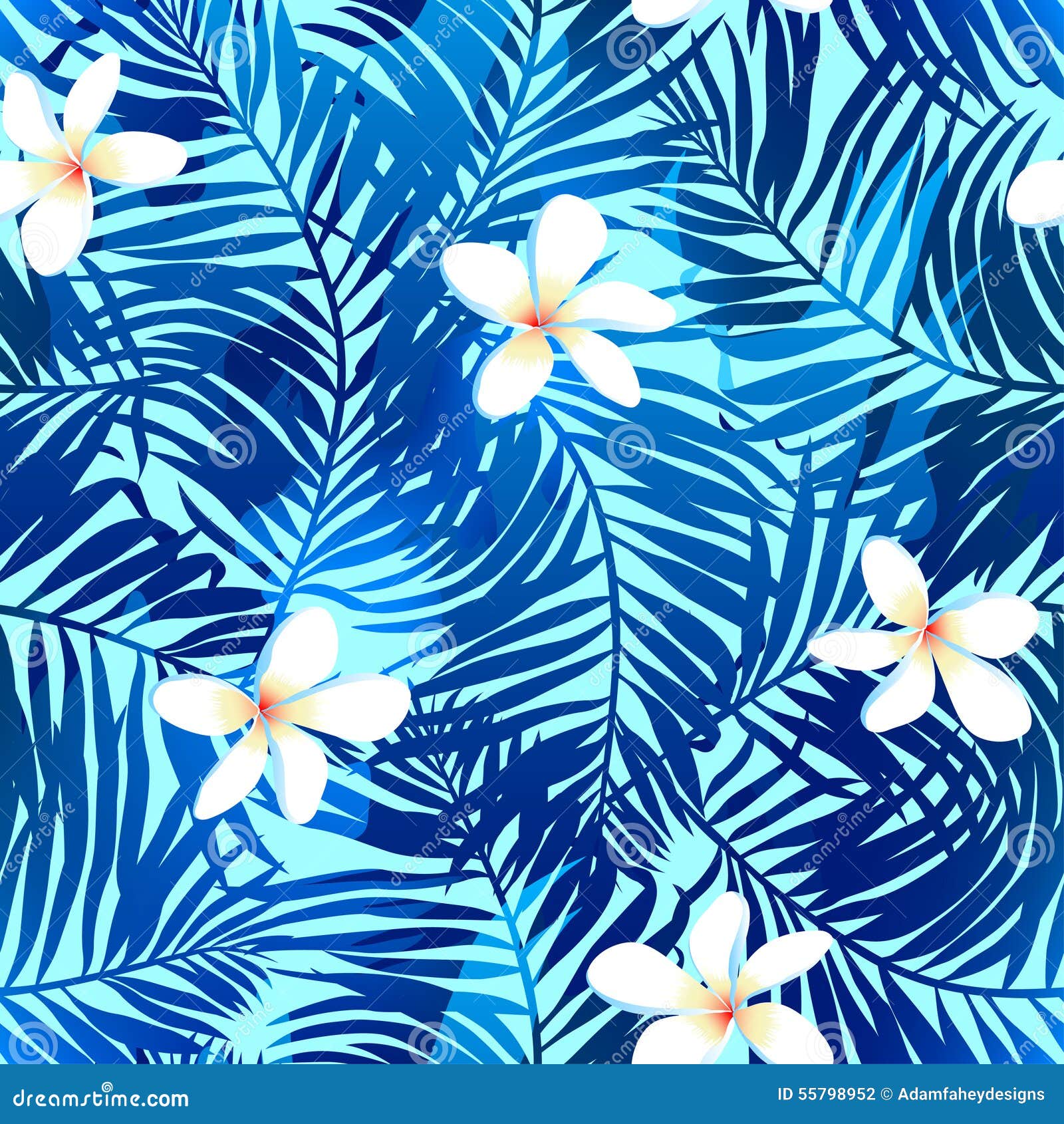 Tropical Palms Seamless Pattern in Blue with Frangipani Flower Stock ...