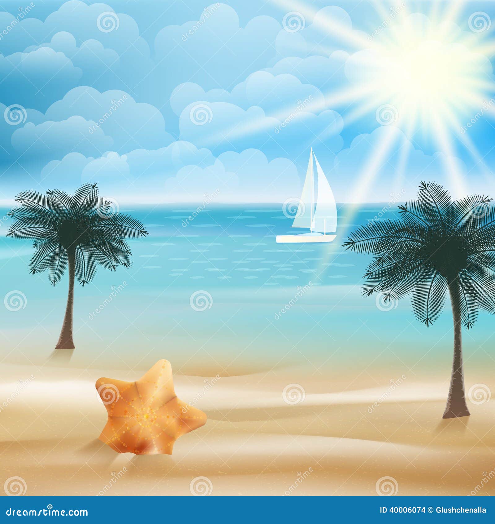 Tropical Paradise Beach with Starfish Stock Vector - Illustration of ...