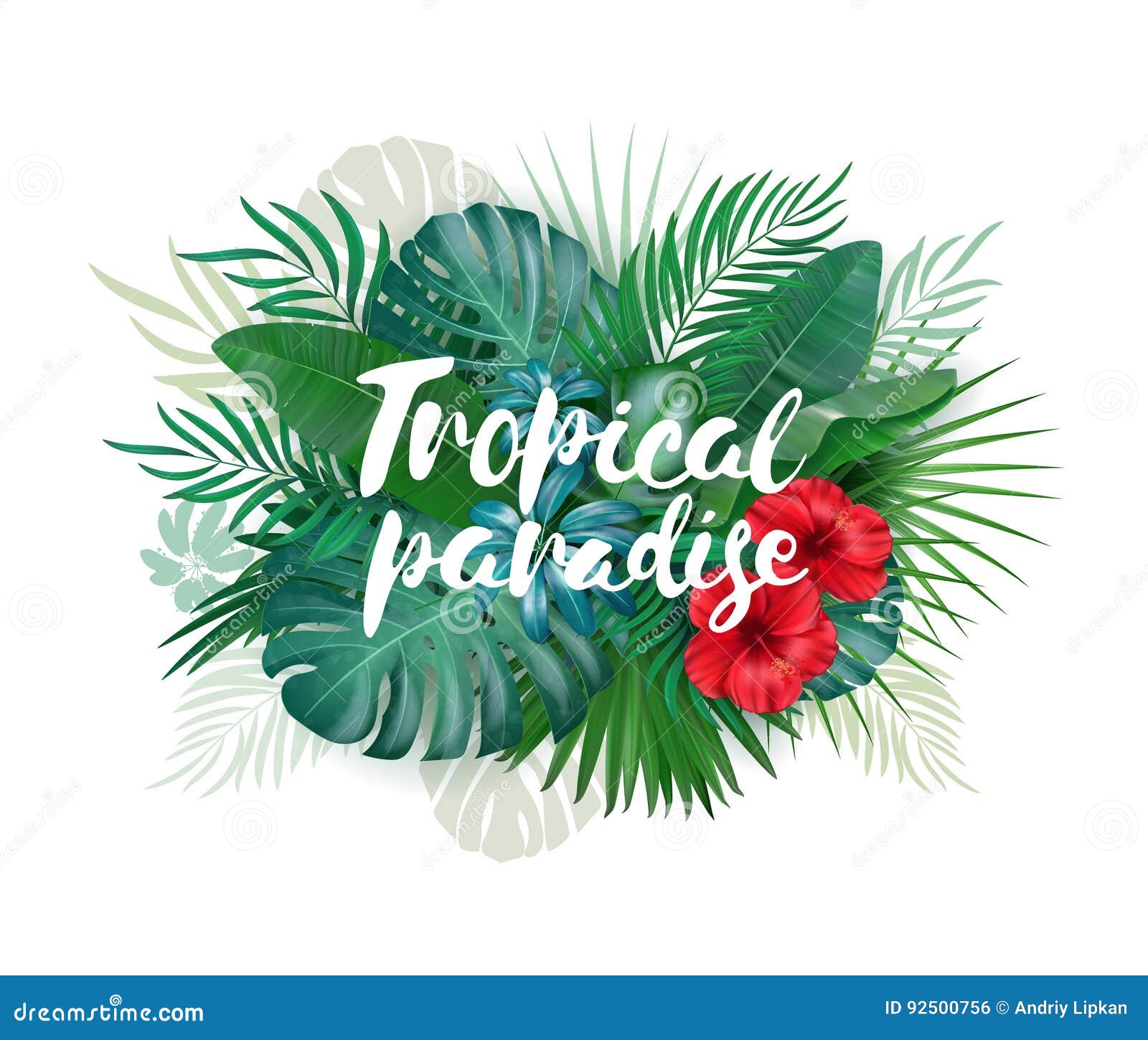 Tropical Paradise Label Over Background with Leaves and Flowers Stock ...