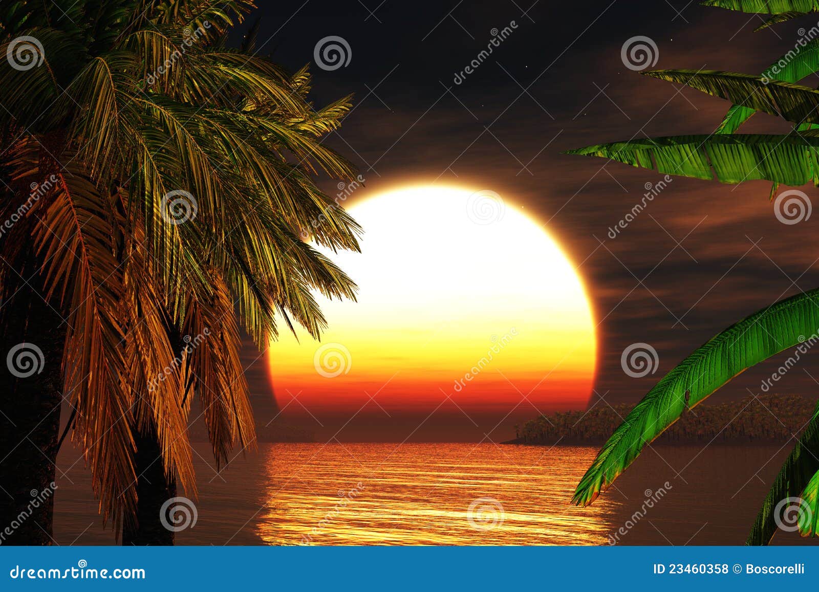Tropical Paradise Sunset 3D Render Stock Illustration - Illustration of ...