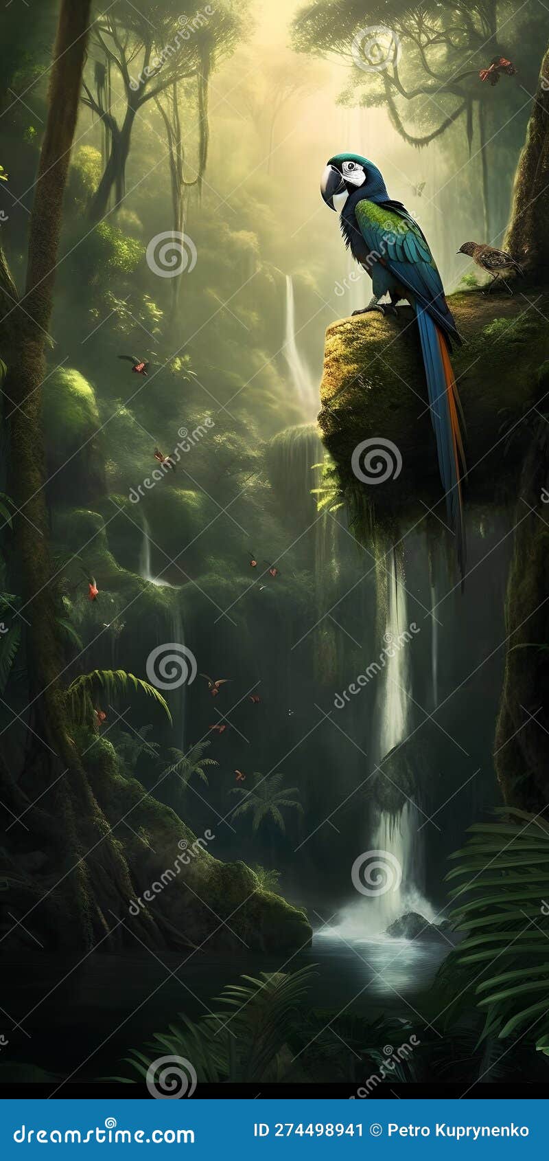 Tropical Parrot Bird Sitting on a Branch in Front of a Waterfall in the ...
