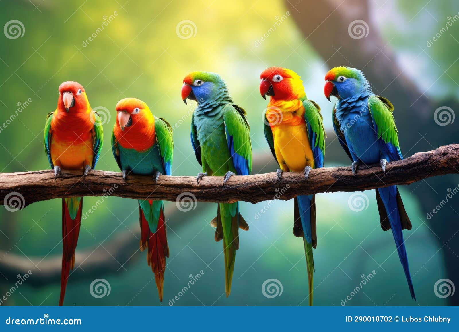 Tropical Parrots Sitting on a Tree Branch in the Rainforest Stock ...
