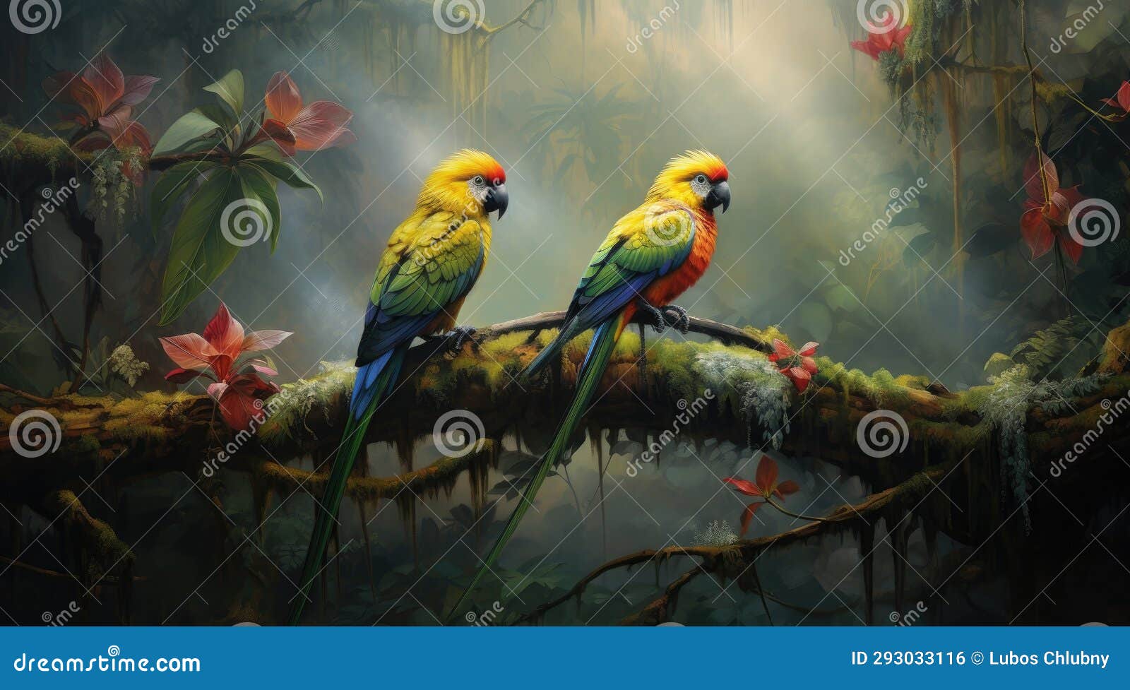 Tropical Parrots Sitting on a Tree Branch in the Rainforest Stock ...