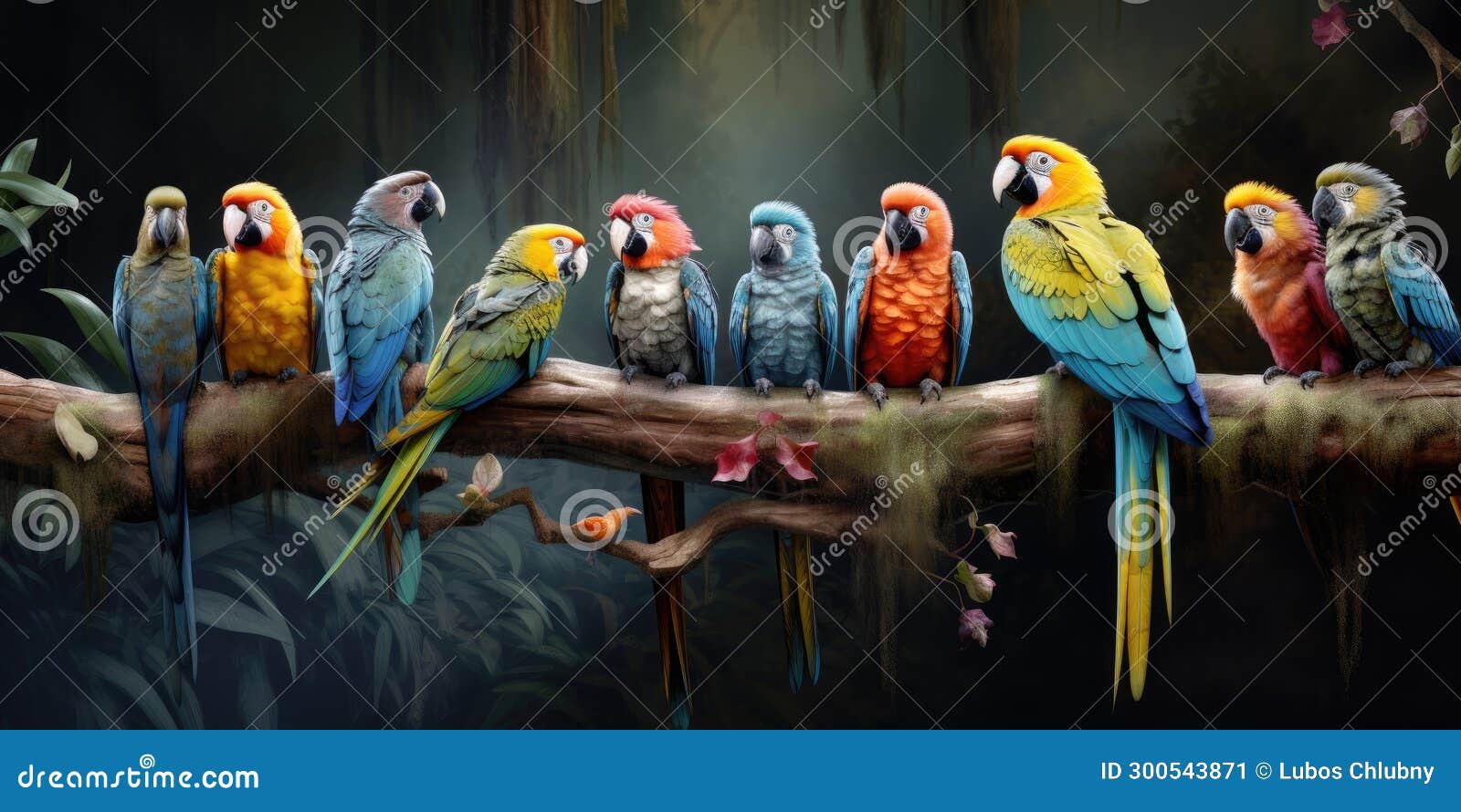 Tropical Parrots Sitting on a Tree Branch in the Rainforest Stock ...