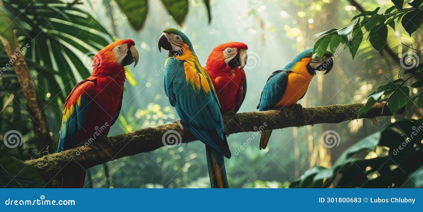 Tropical Parrots Sitting on a Tree Branch in the Rainforest Stock ...