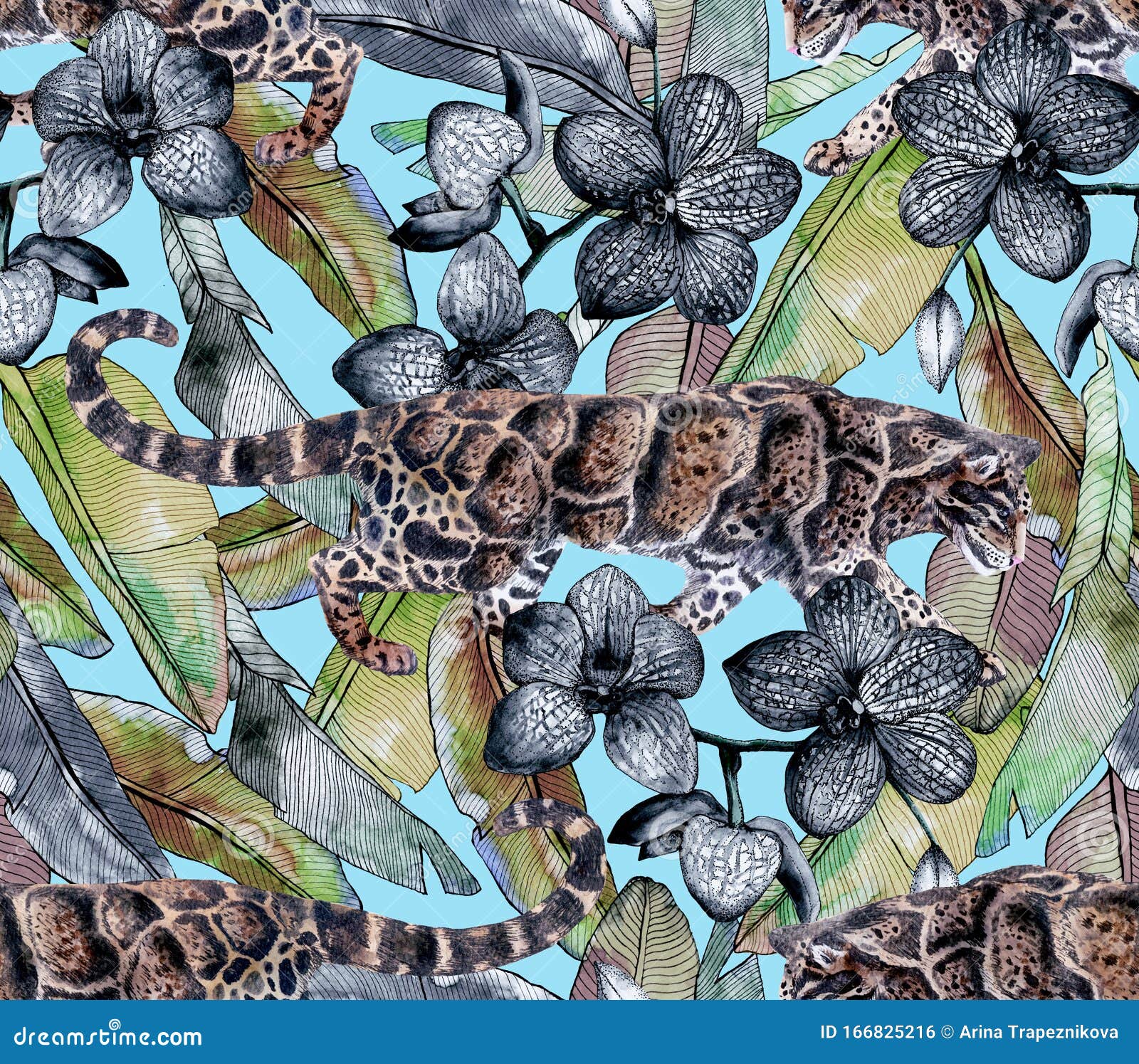 Tropical Pattern with Clouded Leopard and Tropical Flowers. Seamless Pattern with Orchids and ...