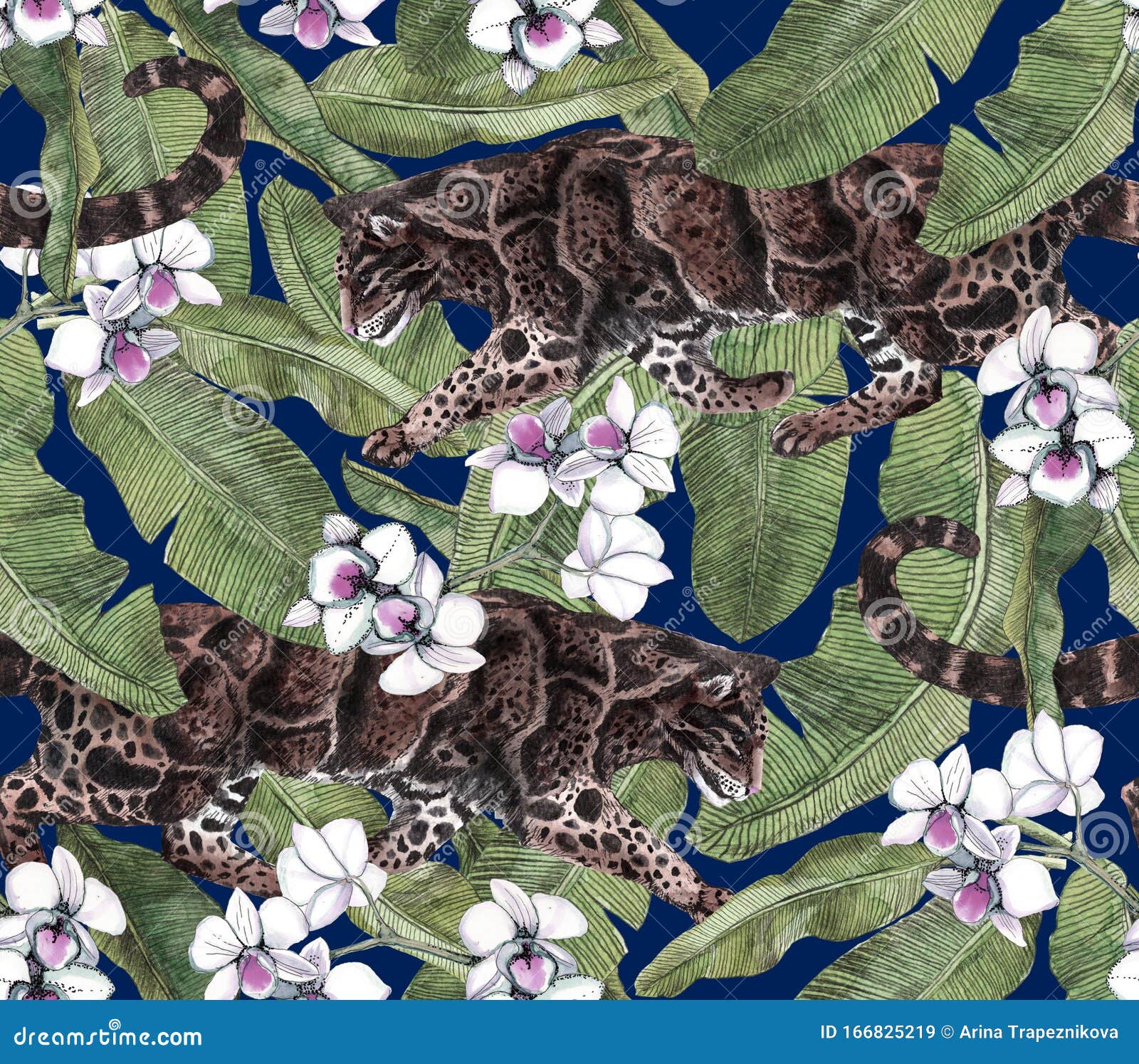 Tropical Pattern with Clouded Leopard and Tropical Flowers. Seamless ...