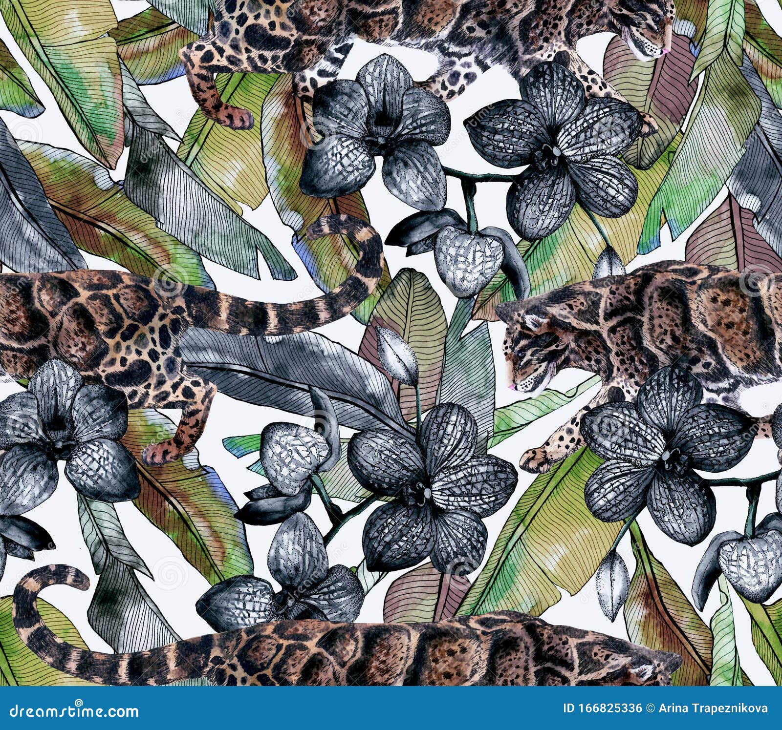 Tropical Pattern with Clouded Leopard and Tropical Flowers. Seamless ...