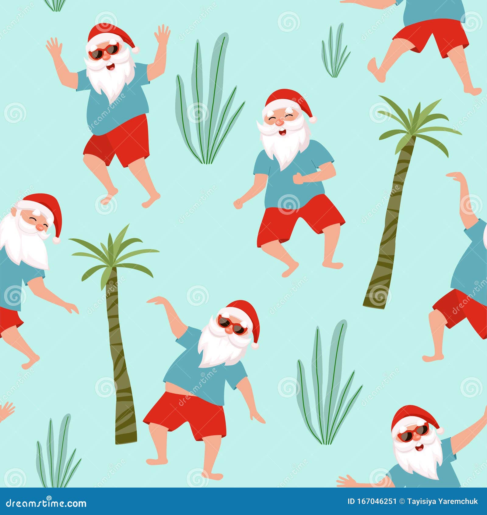 Tropical Pattern with Dancing Santa. Vector Seamless Texture. Stock ...
