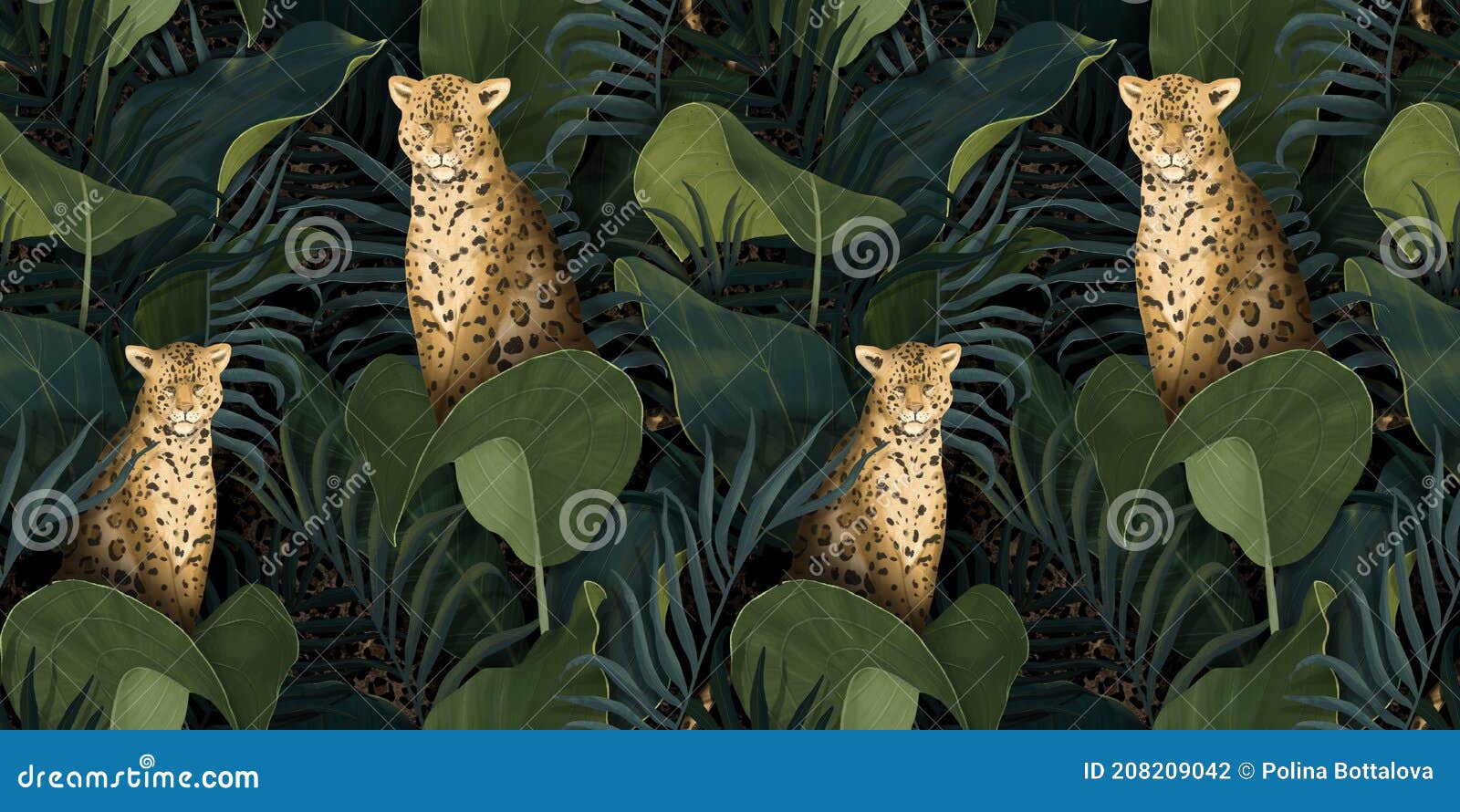 Tropical Pattern with Leopards. Hand Drawing Botanical Background Stock ...